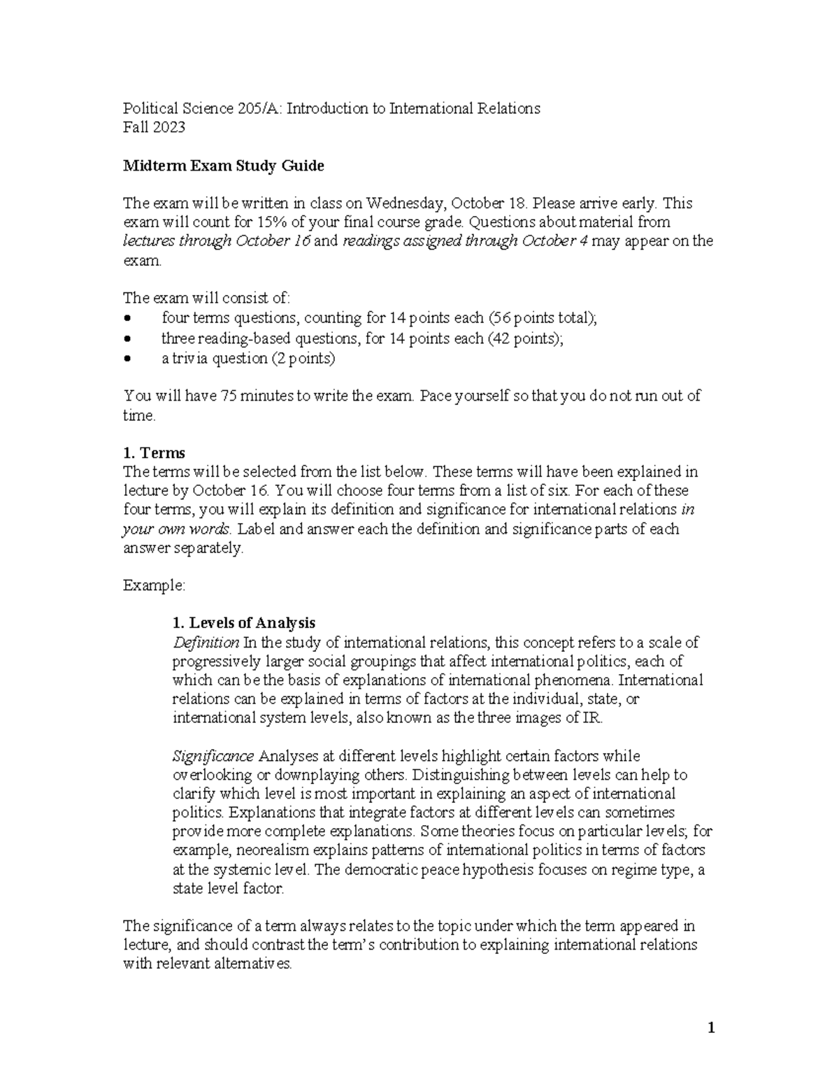 Poli 205A Fall 2023 Midterm Exam Study Guide - 1 Political Science 205/A: Introduction to - Studocu