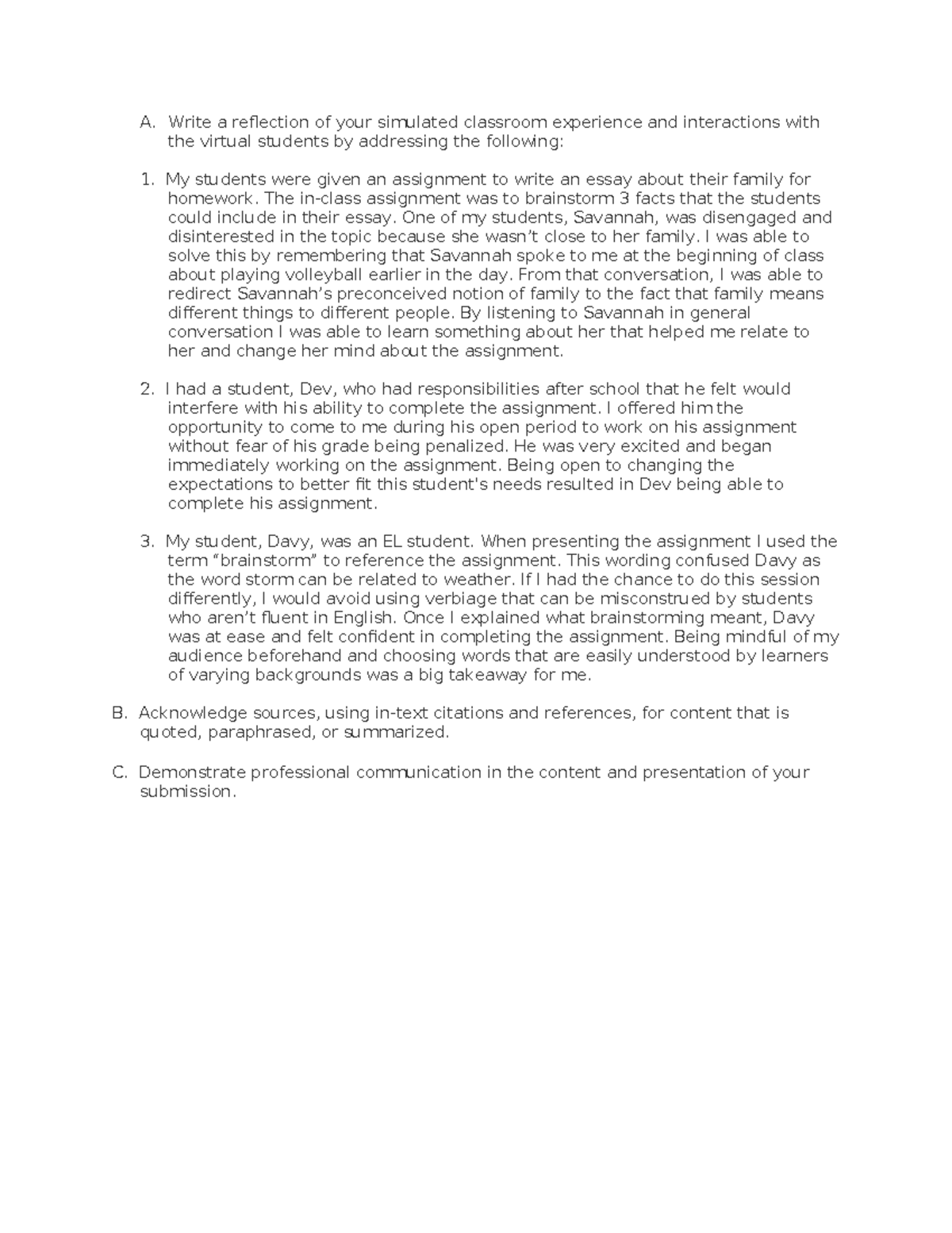 D095 - Task 3 - Take 3 - A. Write a reflection of your simulated ...