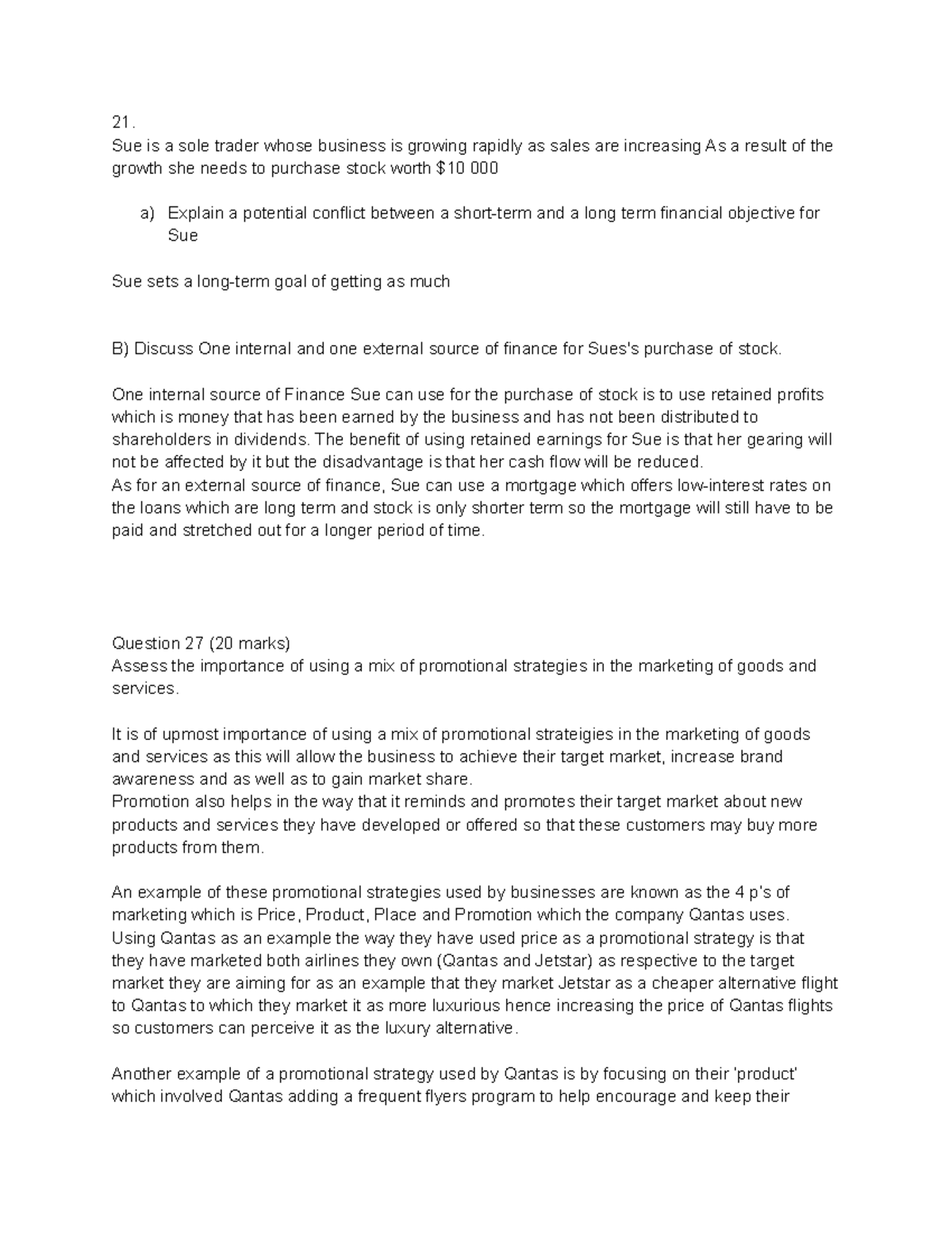 Business studies practice questions - 21. Sue is a sole trader whose ...