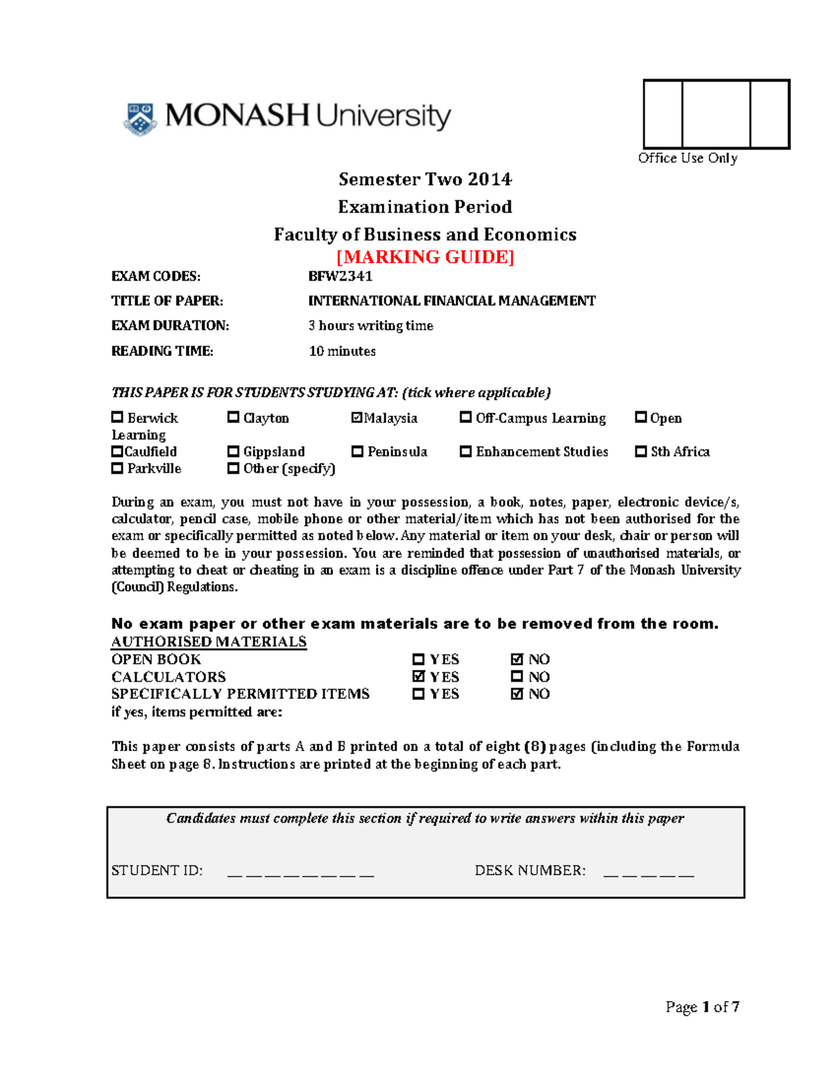BFW2341 S2 2014 Final EXAM Marking Guide - Office Use Only Semester Two ...