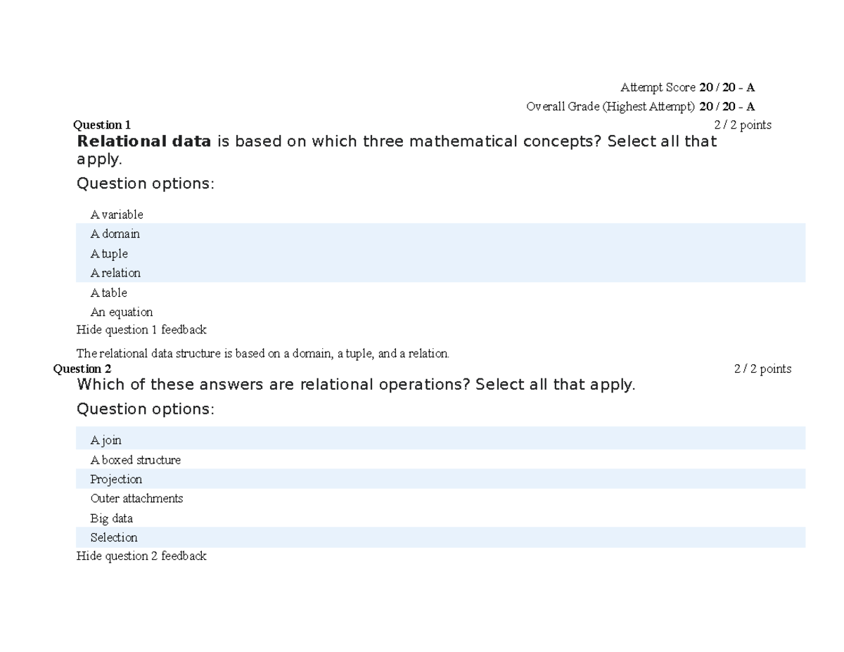 DAD 220 Quiz 2 - Week 2 quiz questions - Attempt Score 20 / 20 - A Overall Grade (Highest ...