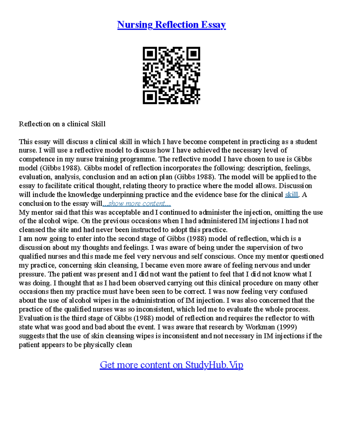 Reflective Essay Nursing - Nursing Reflection Essay Reflection on a clinical Skill This essay ...