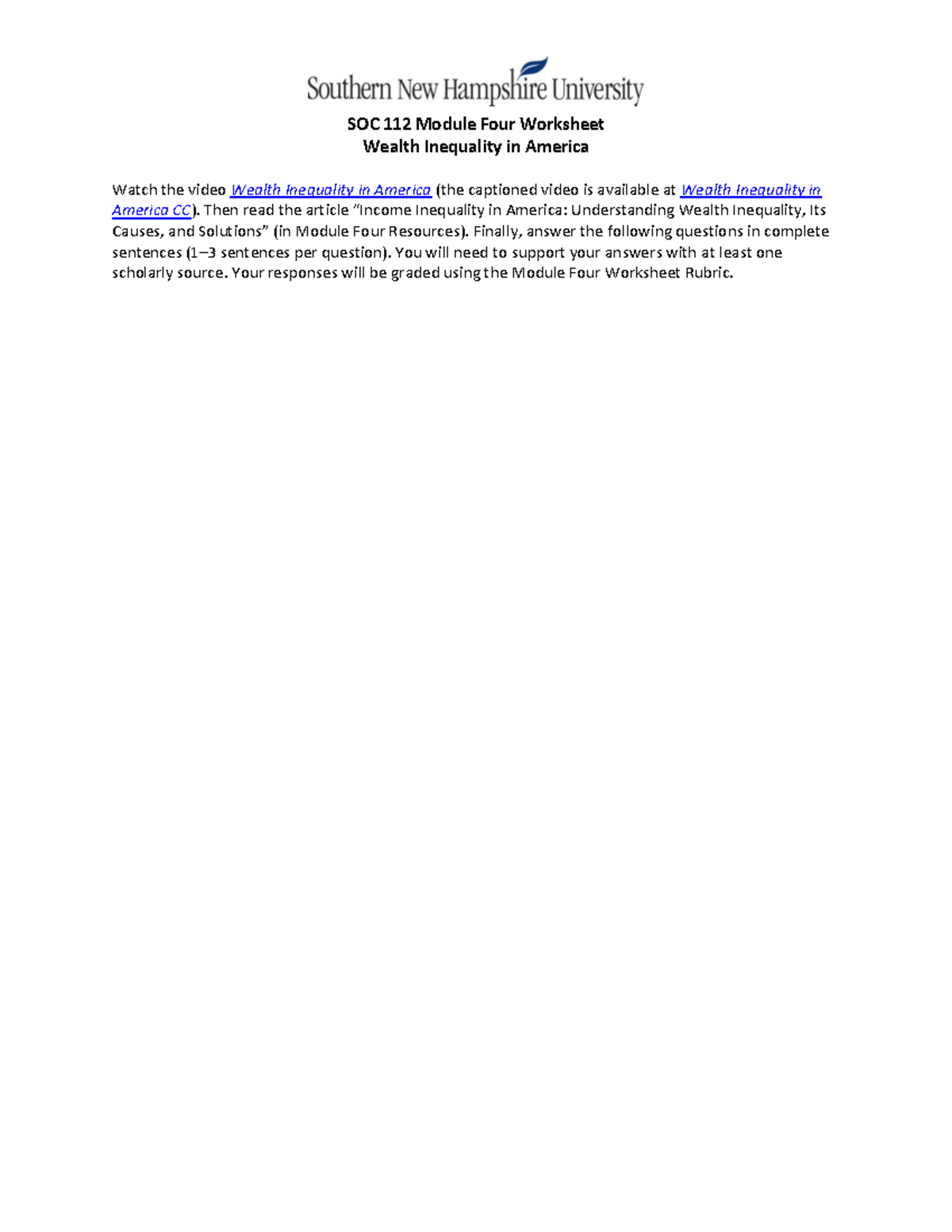 SOC 112 Module Four Worksheet - SOC 112 Module Four Worksheet Wealth ...