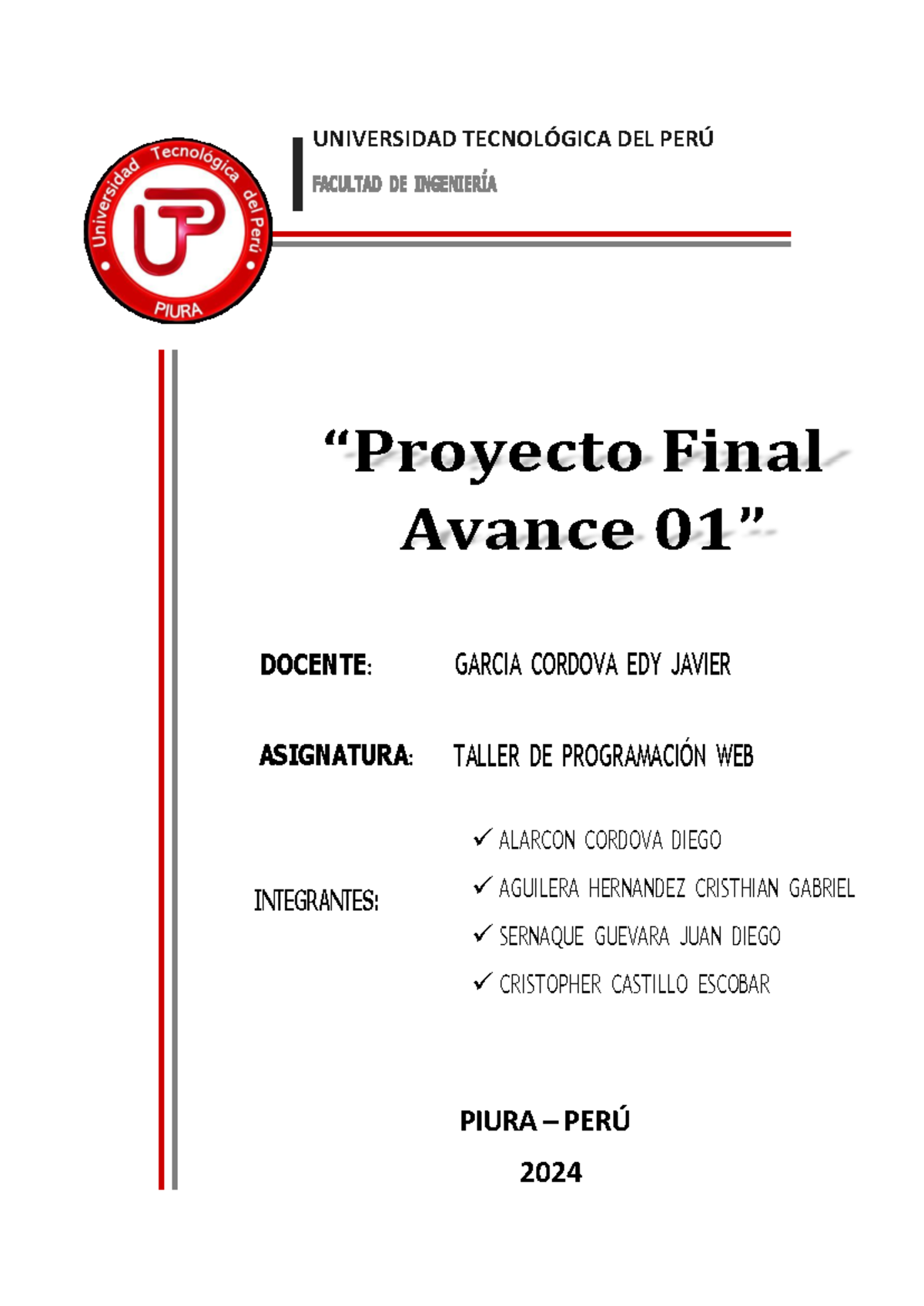 Proy Final Taller de programacion Web - “Proyecto Final Avance 01” DOCENTE: GARCIA CORDOVA EDY ...