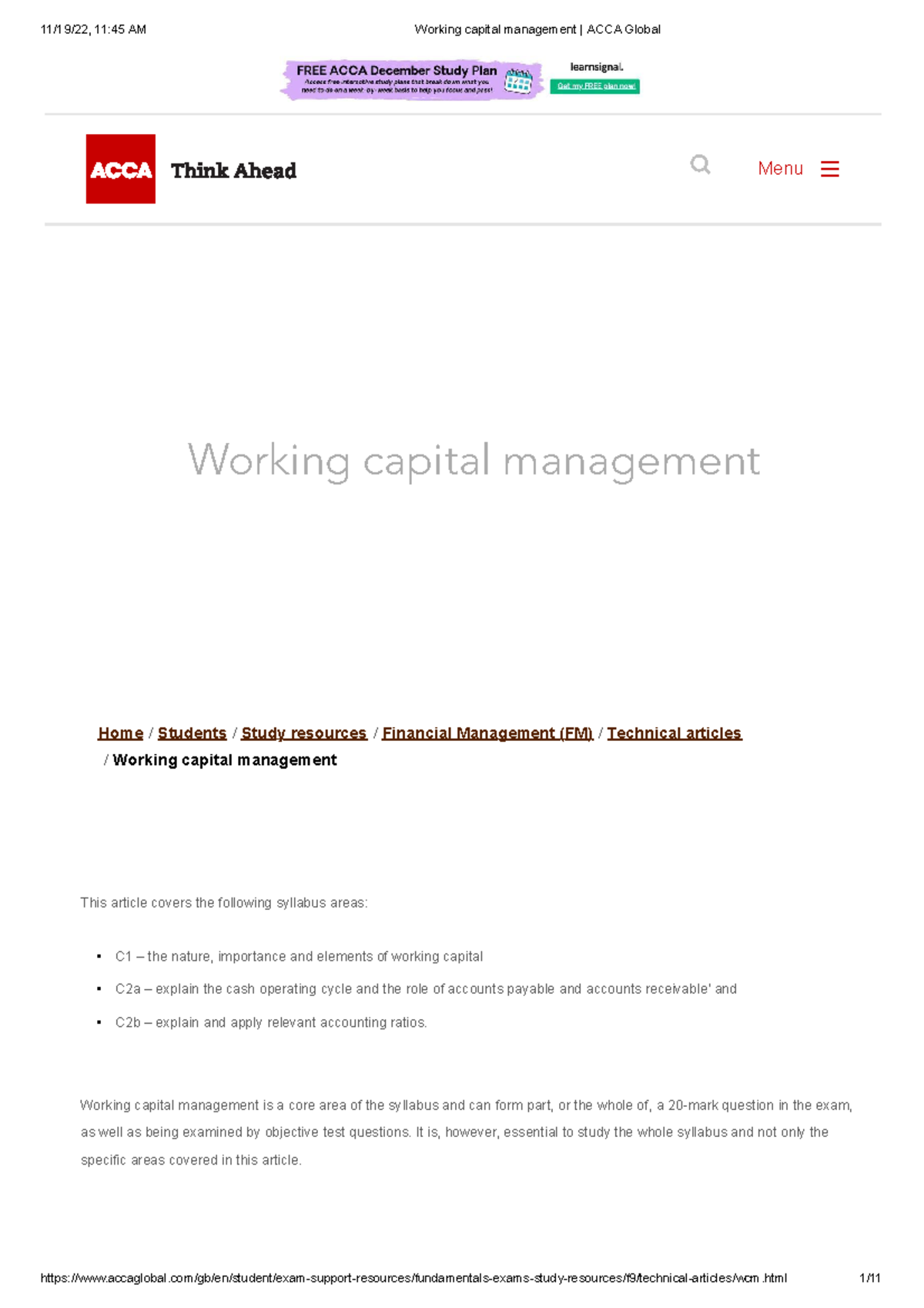 Working capital management ACCA Global - Home / Students / Study ...