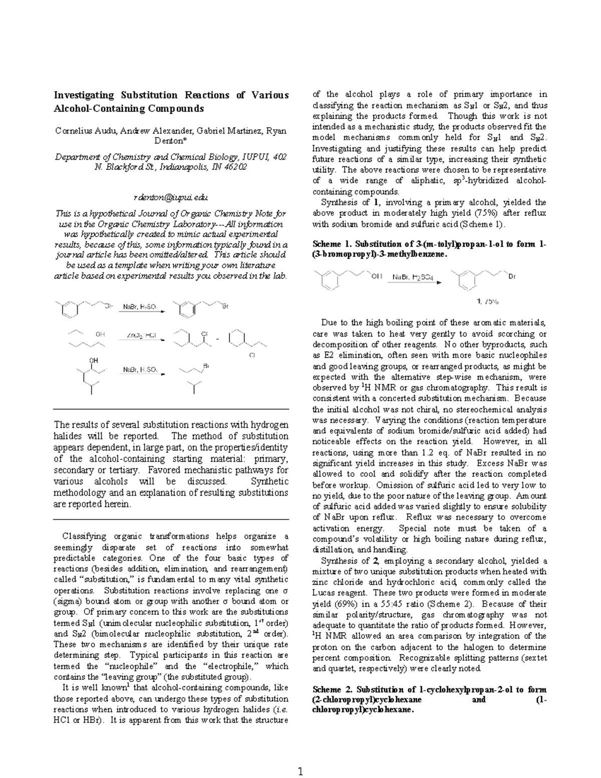 C343 Hypothetical JOC Note - Investigating Substitution Reactions of ...