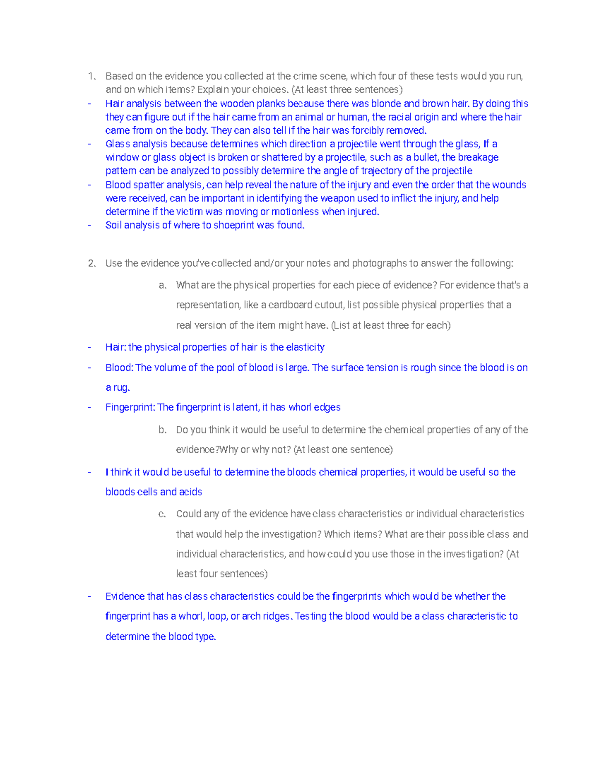 Forensic science unit 3 activity - Based on the evidence you collected ...