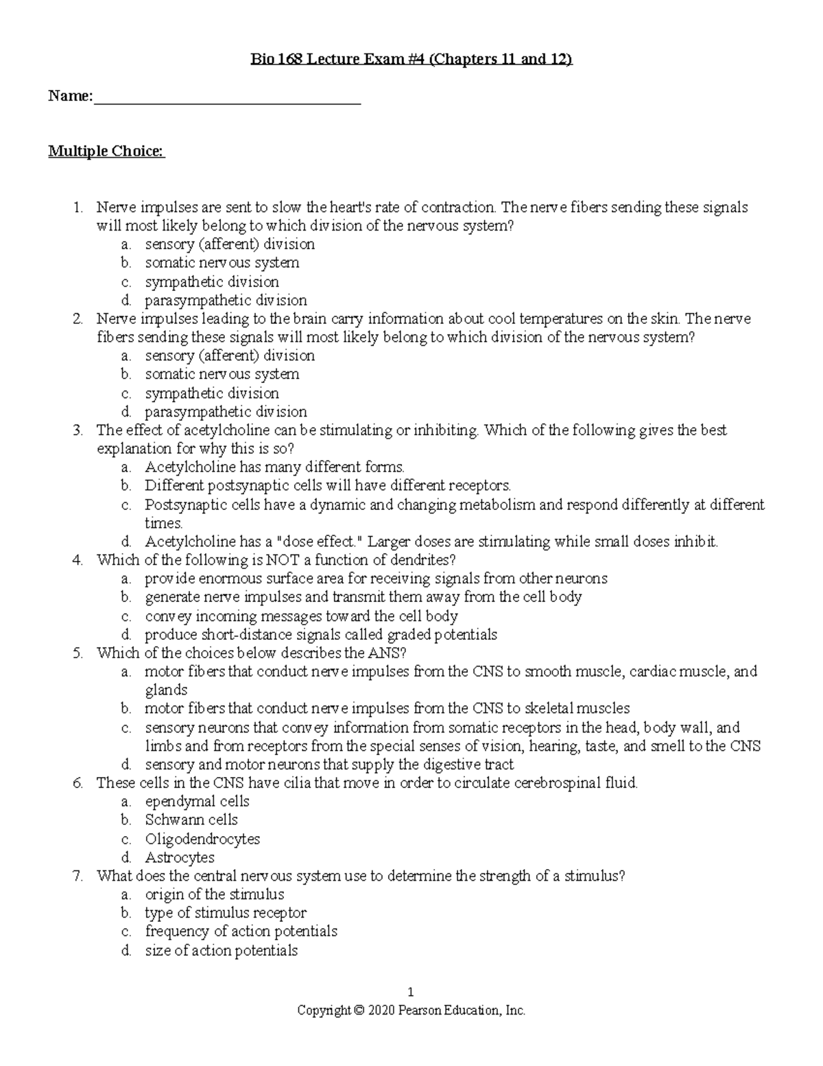 Bio 168 Lecture Exam #4 (Chapters 11 and 12) - Bio 168 Lecture Exam #4 ...