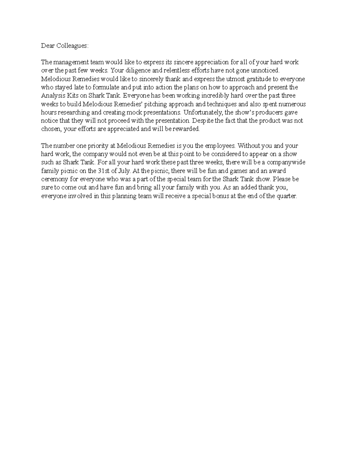 Draft 1 - Dear Colleagues: The management team would like to express ...