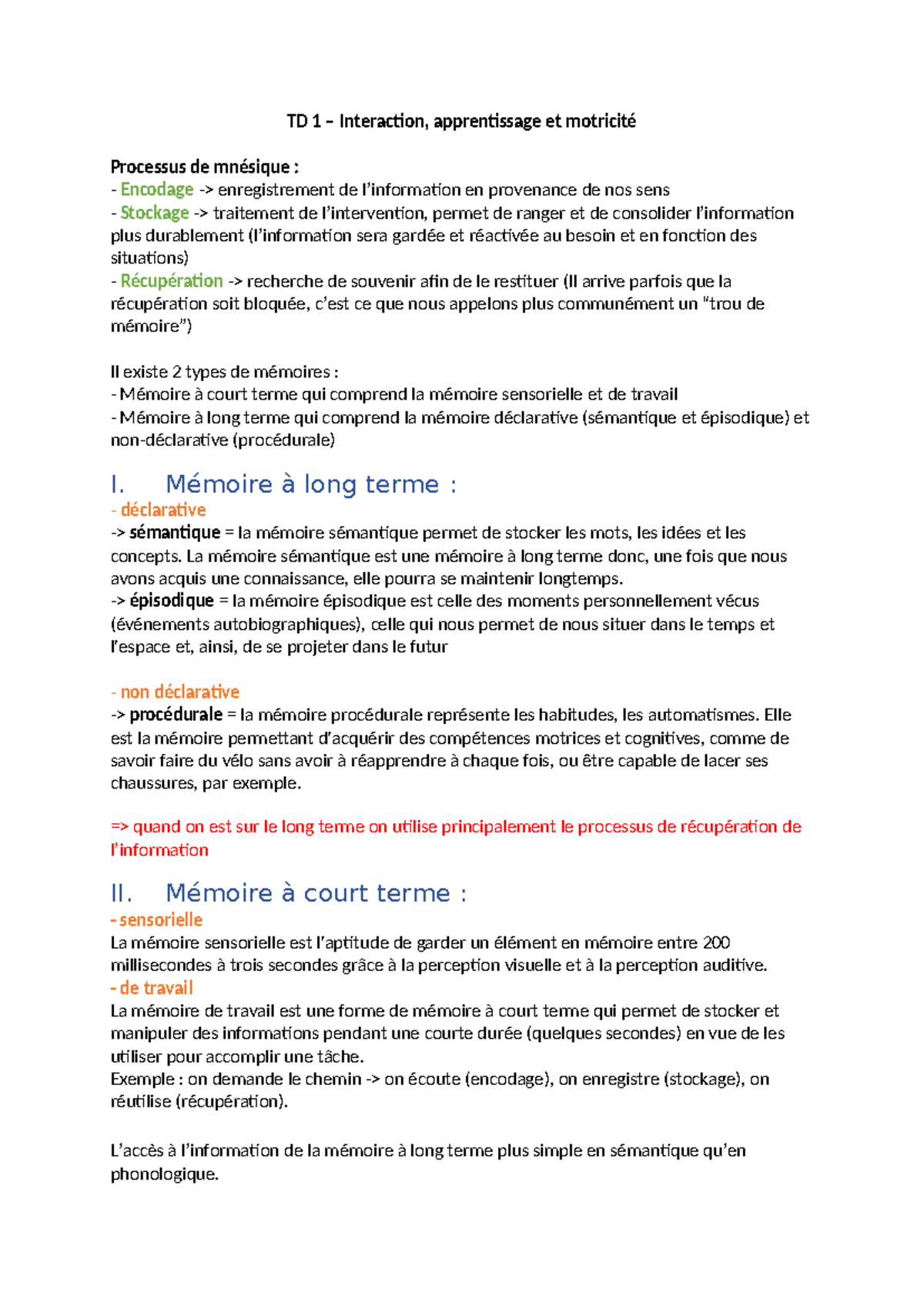Cours sur la mémoire - TD 1 – Interaction, apprentissage et motricité ...