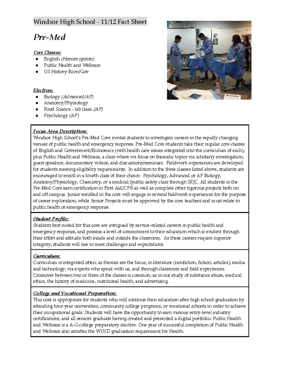 Pre-Med Fact Sheet - Windsor High School - 11/12 Fact Sheet Pre-Med ...