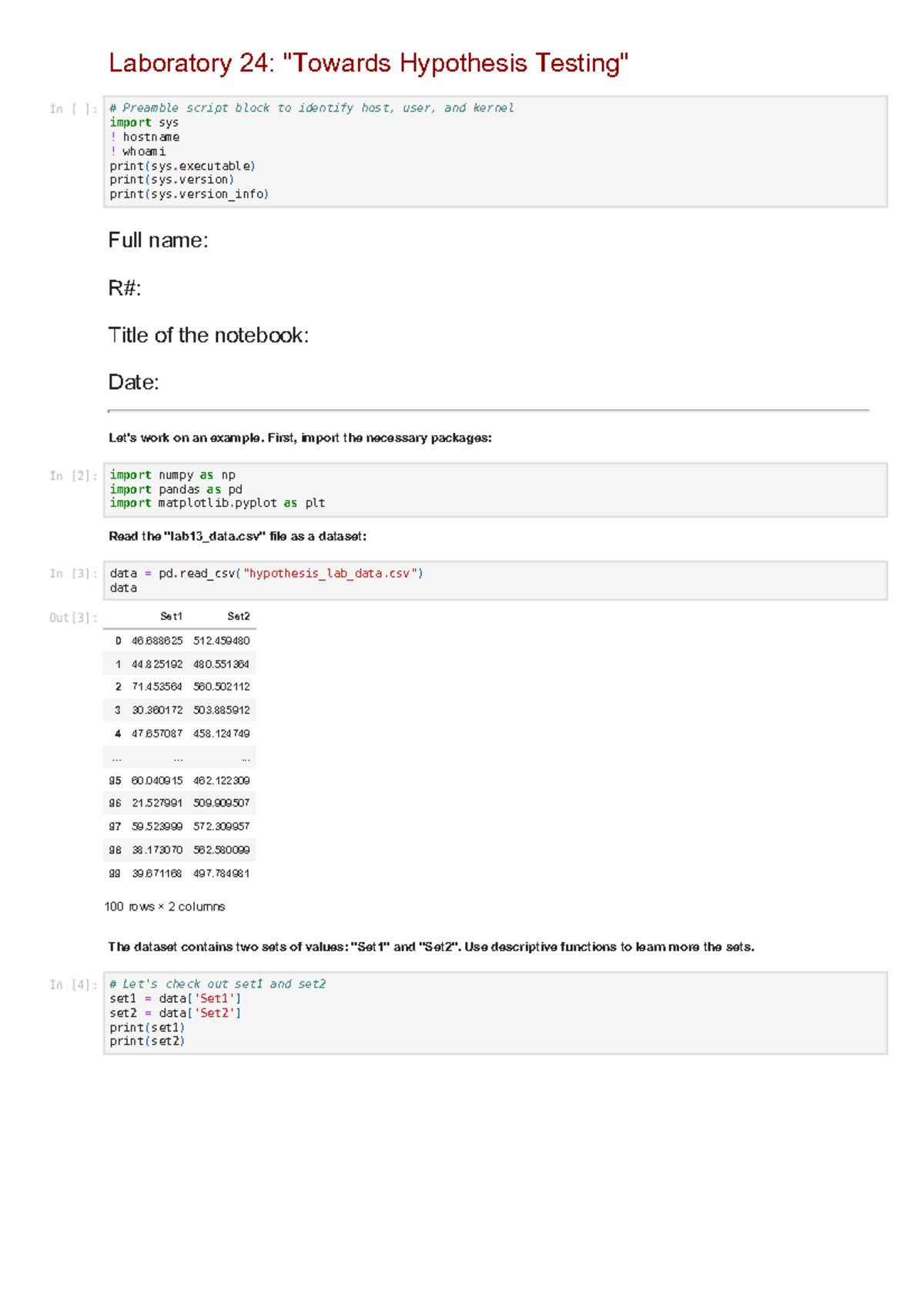 Lab24 - here is some lab notes - Laboratory 24: "Towards Hypothesis ...