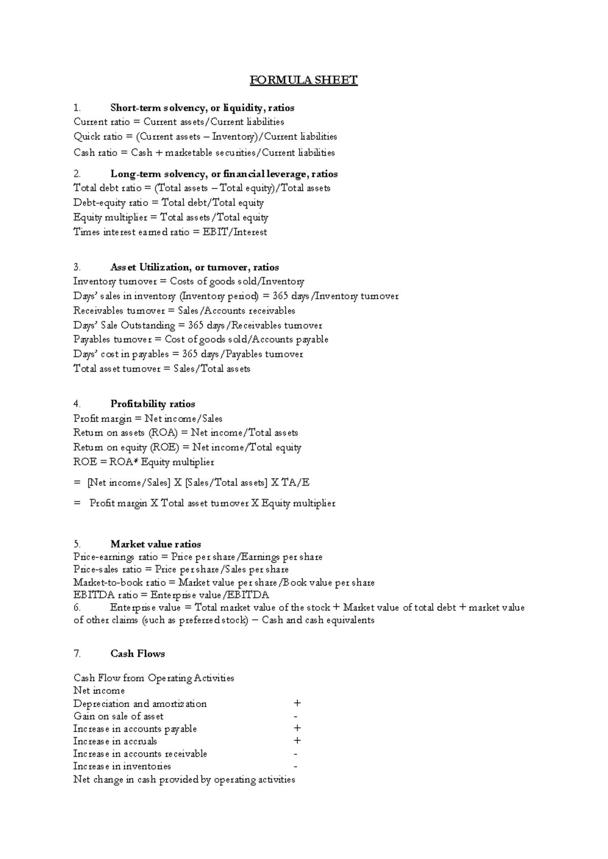 Formula sheet (final) - FORMULA SHEET 1. Short-term solvency, or ...