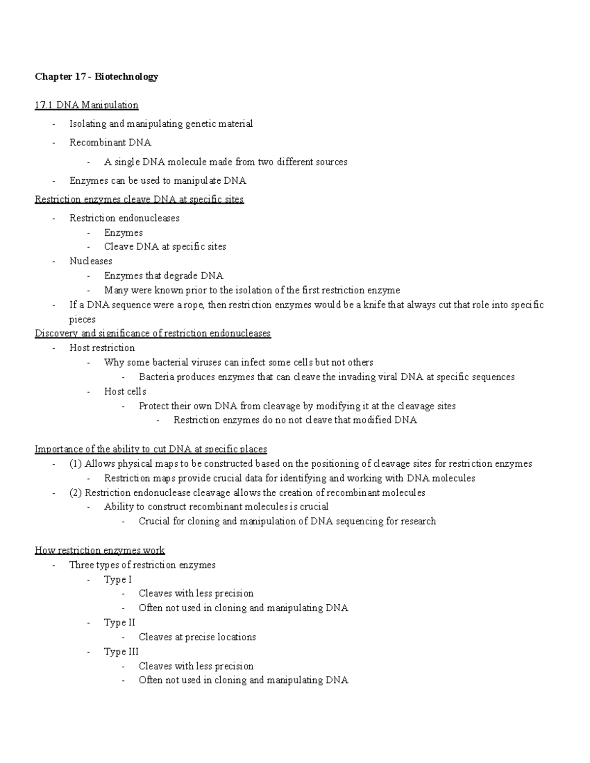 Biotechnology Midterm Outline - Chapter 17 Biotechnology 17 DNA ...