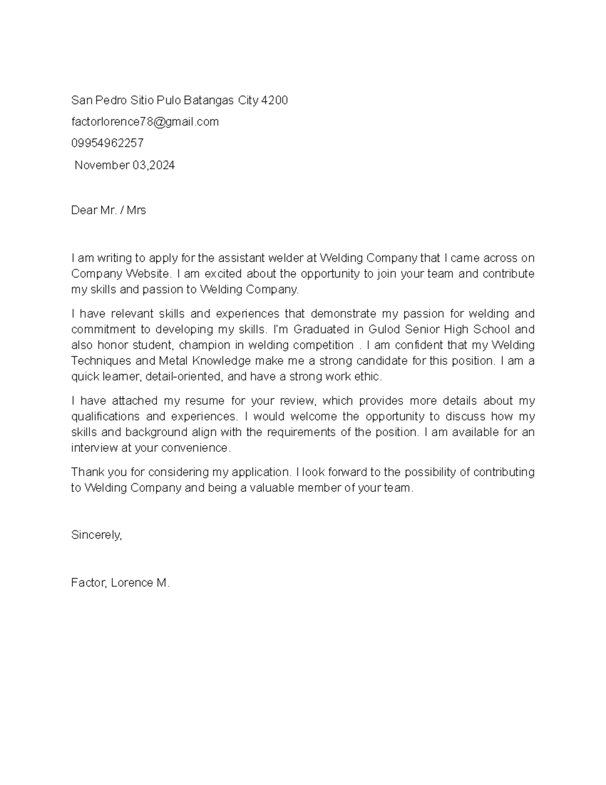 Lorence-application-letter - San Pedro Sitio Pulo Batangas City 4200 ...