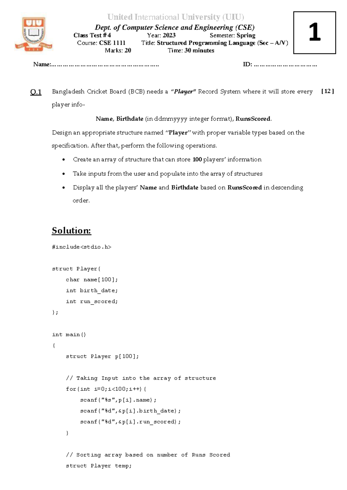 CT 04 Md MH set1 Solution - United International University (UIU) Dept. of Computer Science and ...