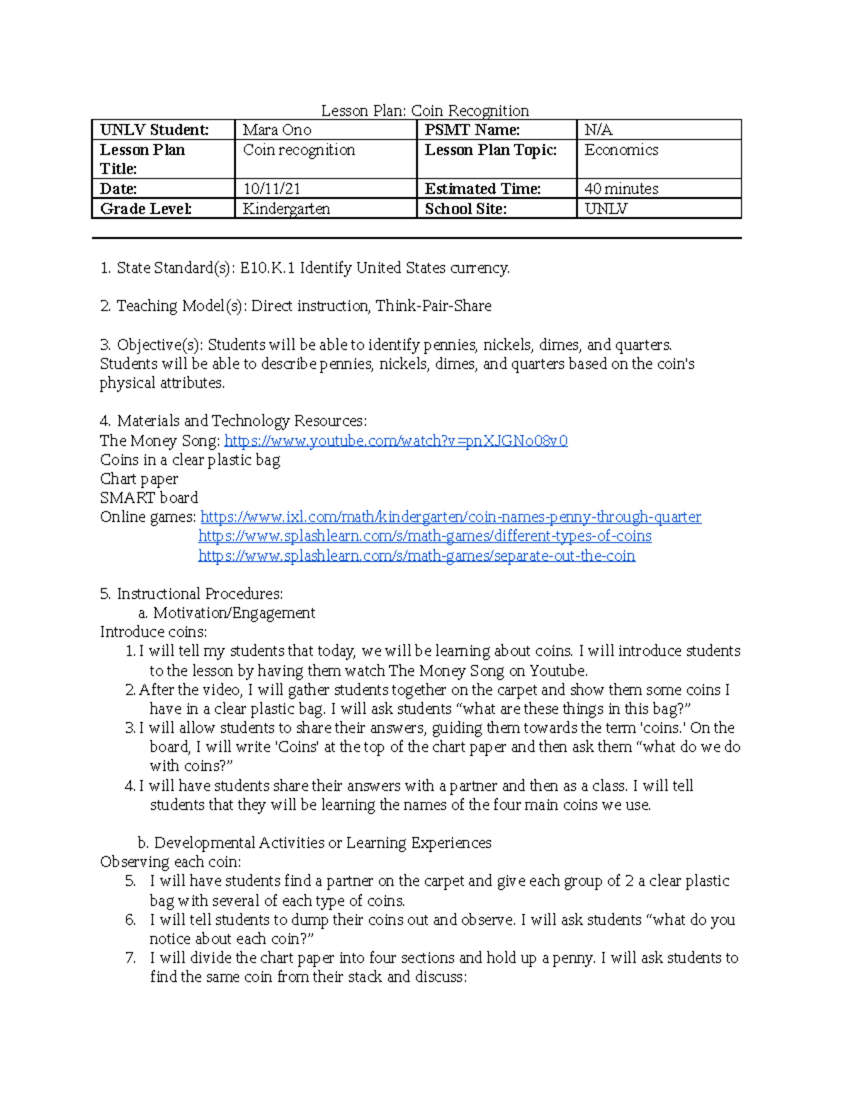 Lesson Plan assignment - Lesson Plan: Coin Recognition UNLV Student ...
