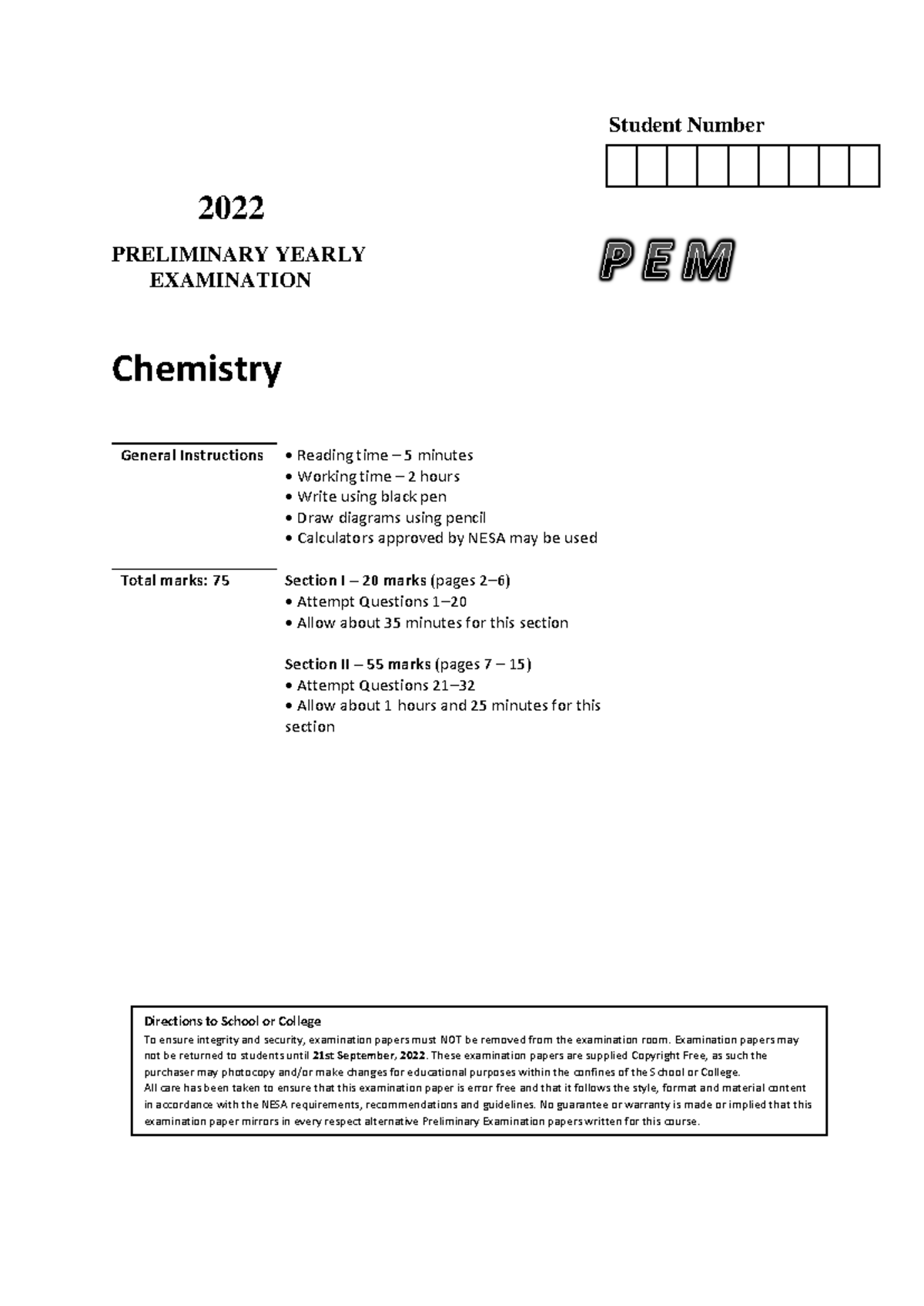 PEM 2022 Chemistry Preliminary Examination Paper - Student Number 2022 ...