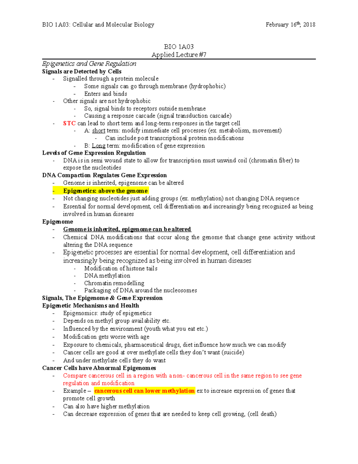 BIO 1A03 Applied Lecture 7 - metabolism, movement) Can include post ...