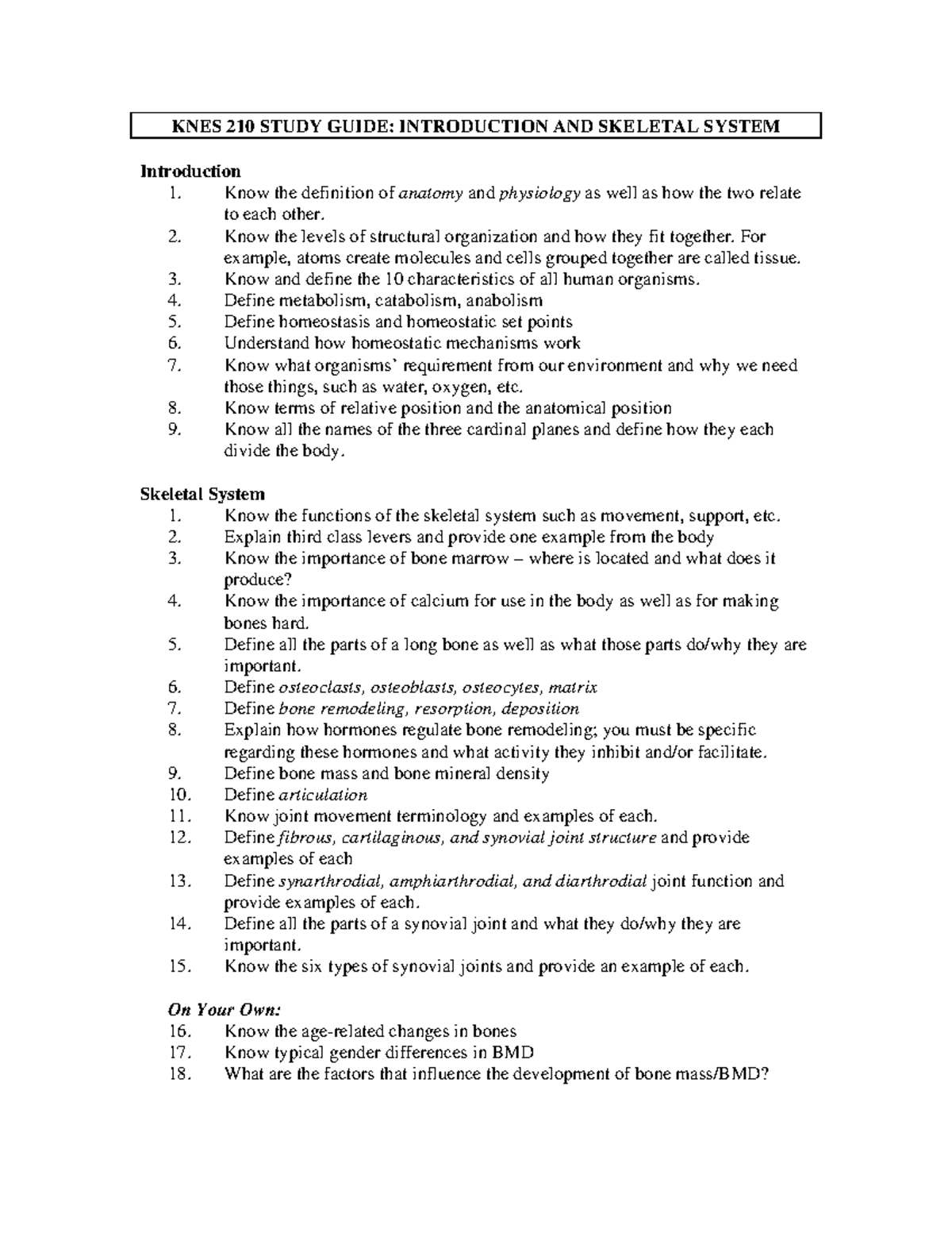 Exam # 1 Study Guide Fall 2022 - KNES 210 STUDY GUIDE: INTRODUCTION AND ...
