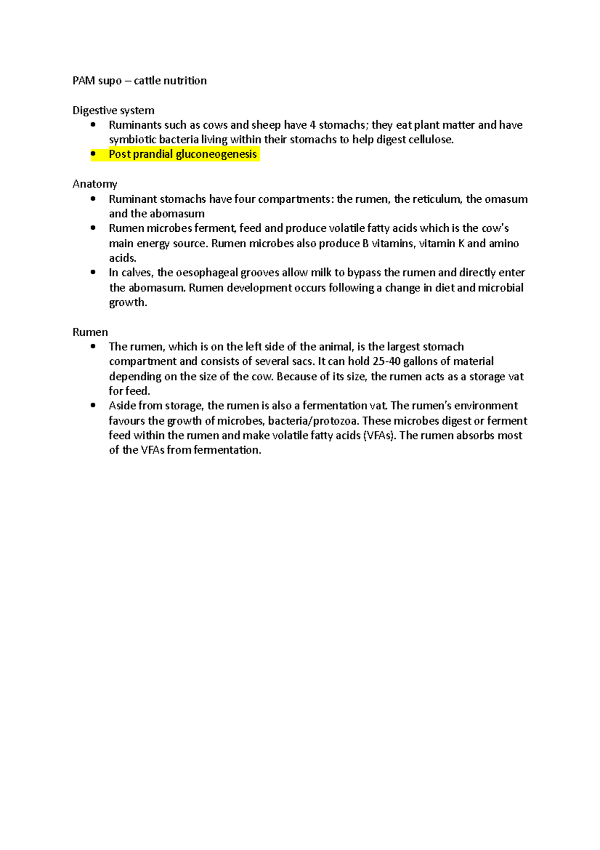 PAM cattle supo notes - PAM supo – cattle nutrition Digestive system ...