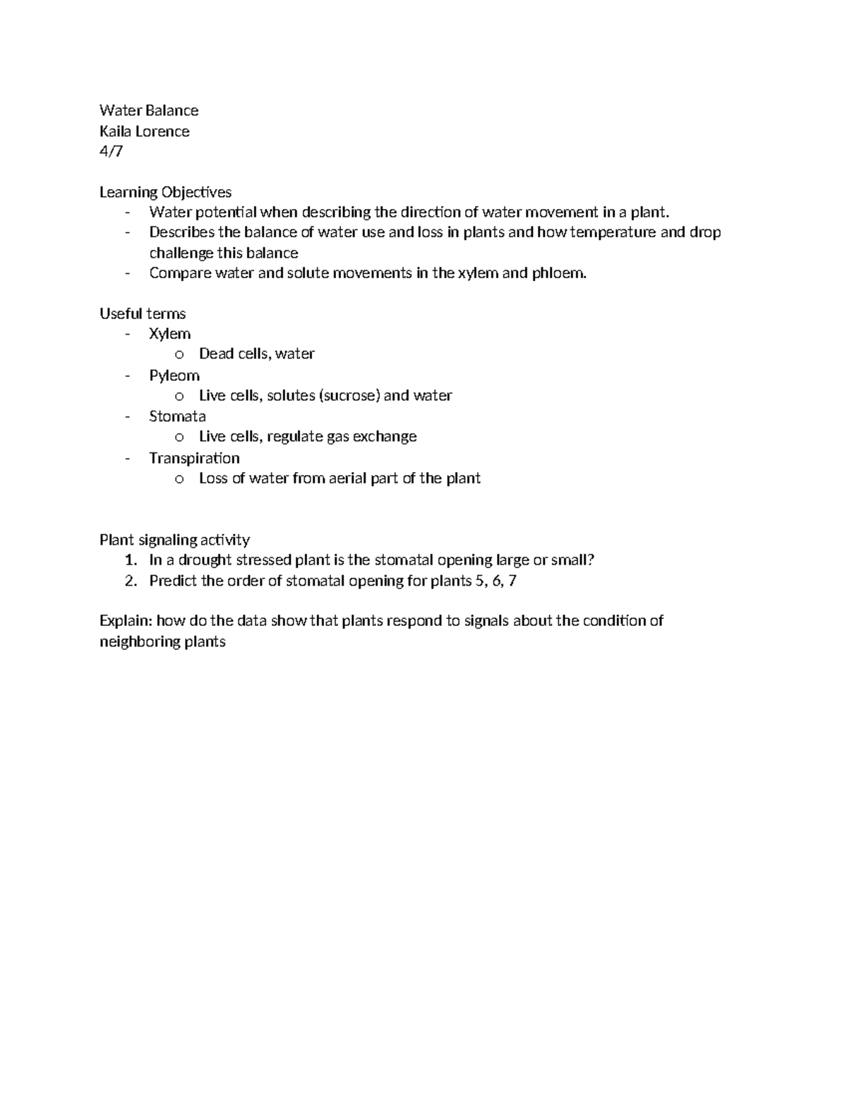 Water Balance 4.7 - Water Balance Kaila Lorence 4/ Learning Objectives ...