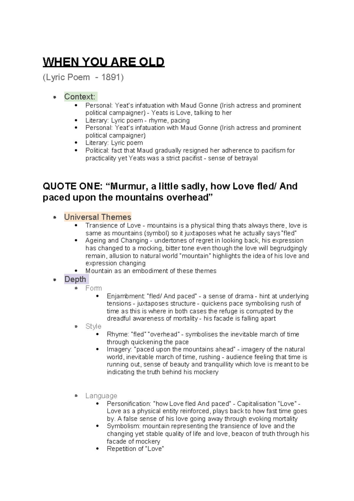 Yeats Notes - WHEN YOU ARE OLD (Lyric Poem - 1891) Context: Personal ...