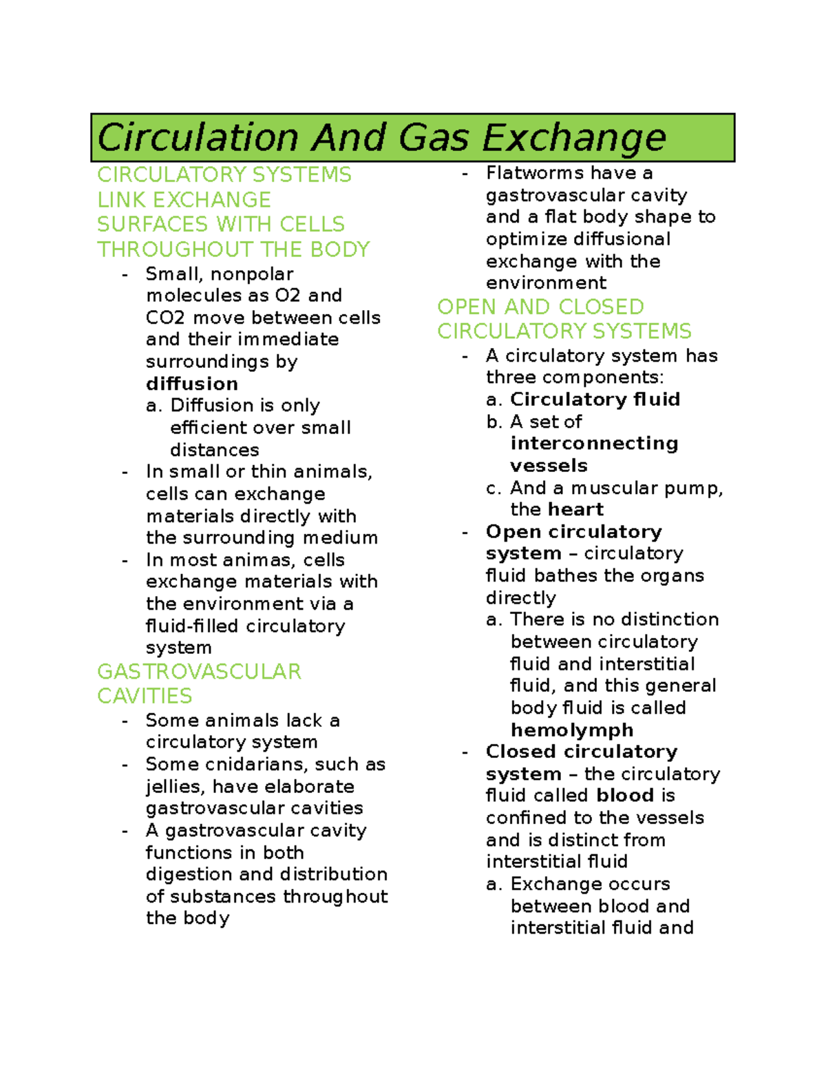 Circulation and Gas Exchange Notes - Circulation And Gas Exchange ...