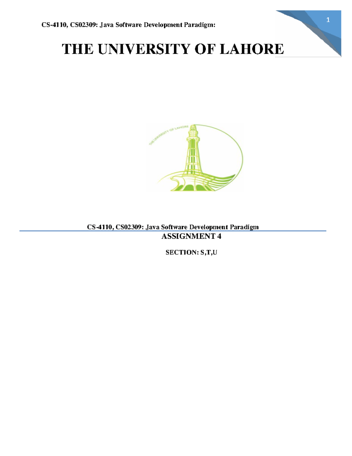 Assignment-4 - ttttttttttttt - 1 CS-4110, CS02309: Java Software Development Paradigm ...