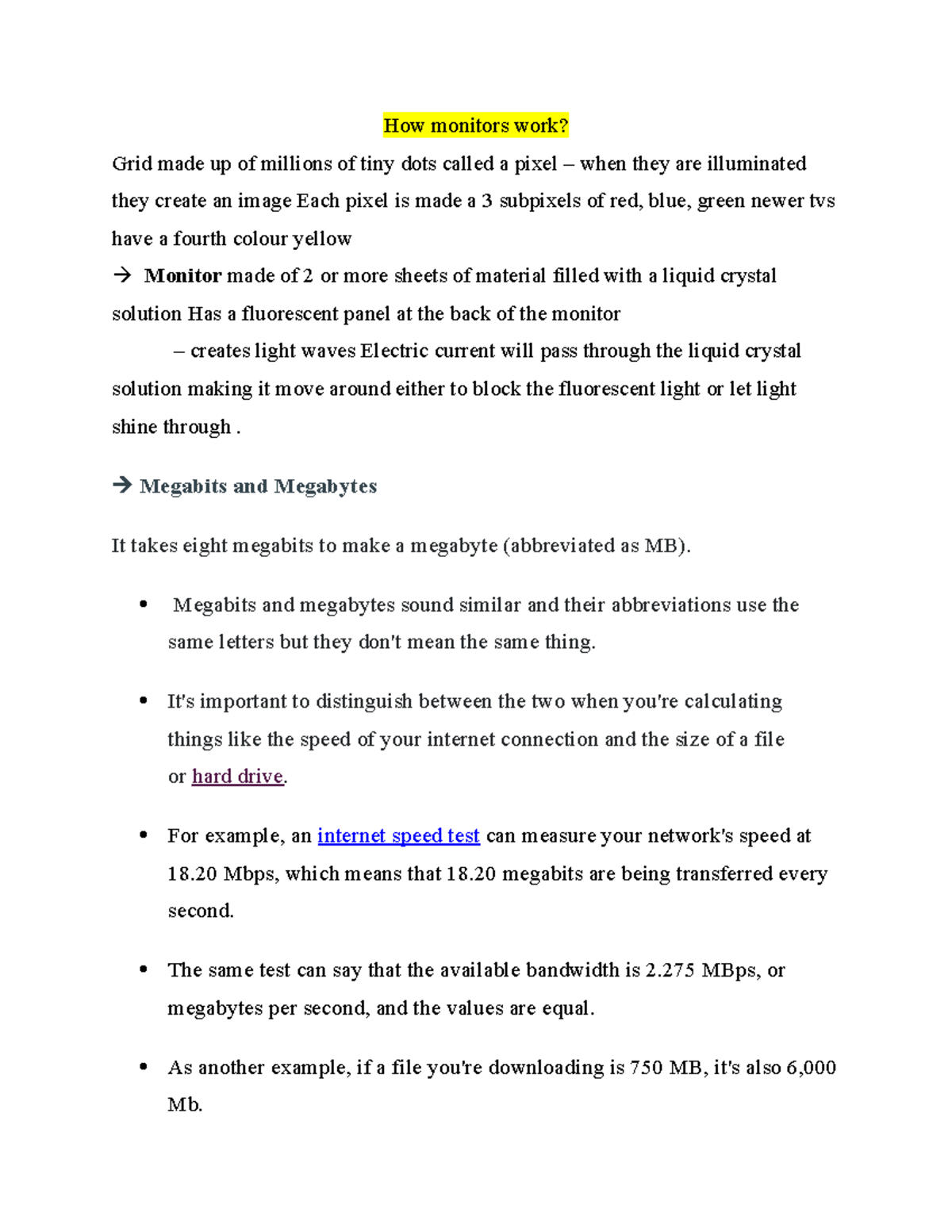 Internet How it works Notes - How monitors work? Grid made up of ...