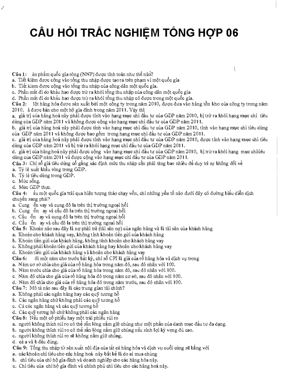 Câu hỏi tổng hợp 06 - vĩ mô - ? Cau 1: an phfun qu6c gia rong (NNP ...