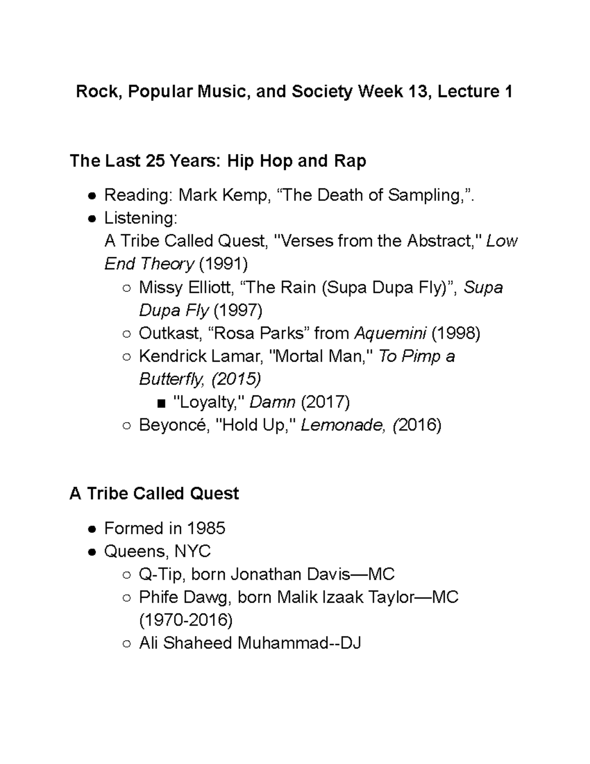 MUS 109 Week 13 Lecture 1 Notes - Rock, Popular Music, and Society Week ...
