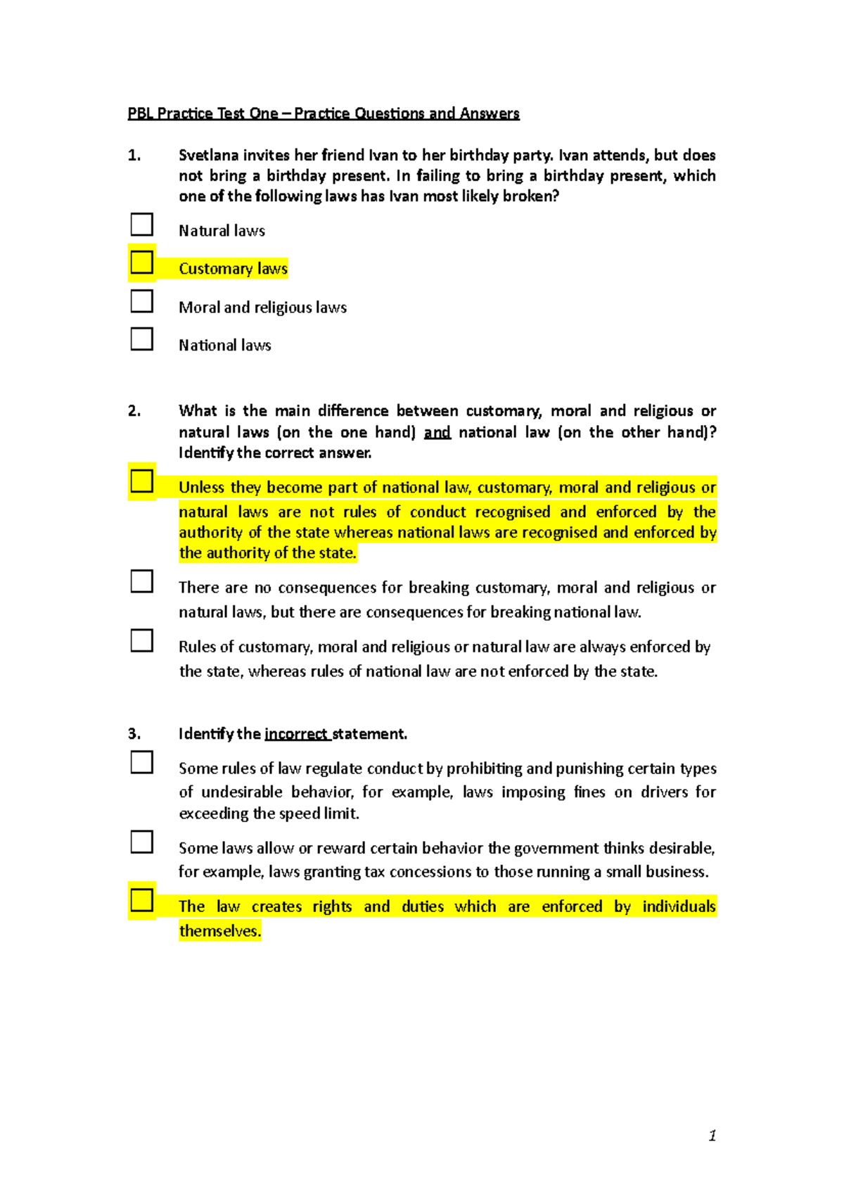 Test 8 August Winter 2017, questions and answers - PBL Pracice Test One ...