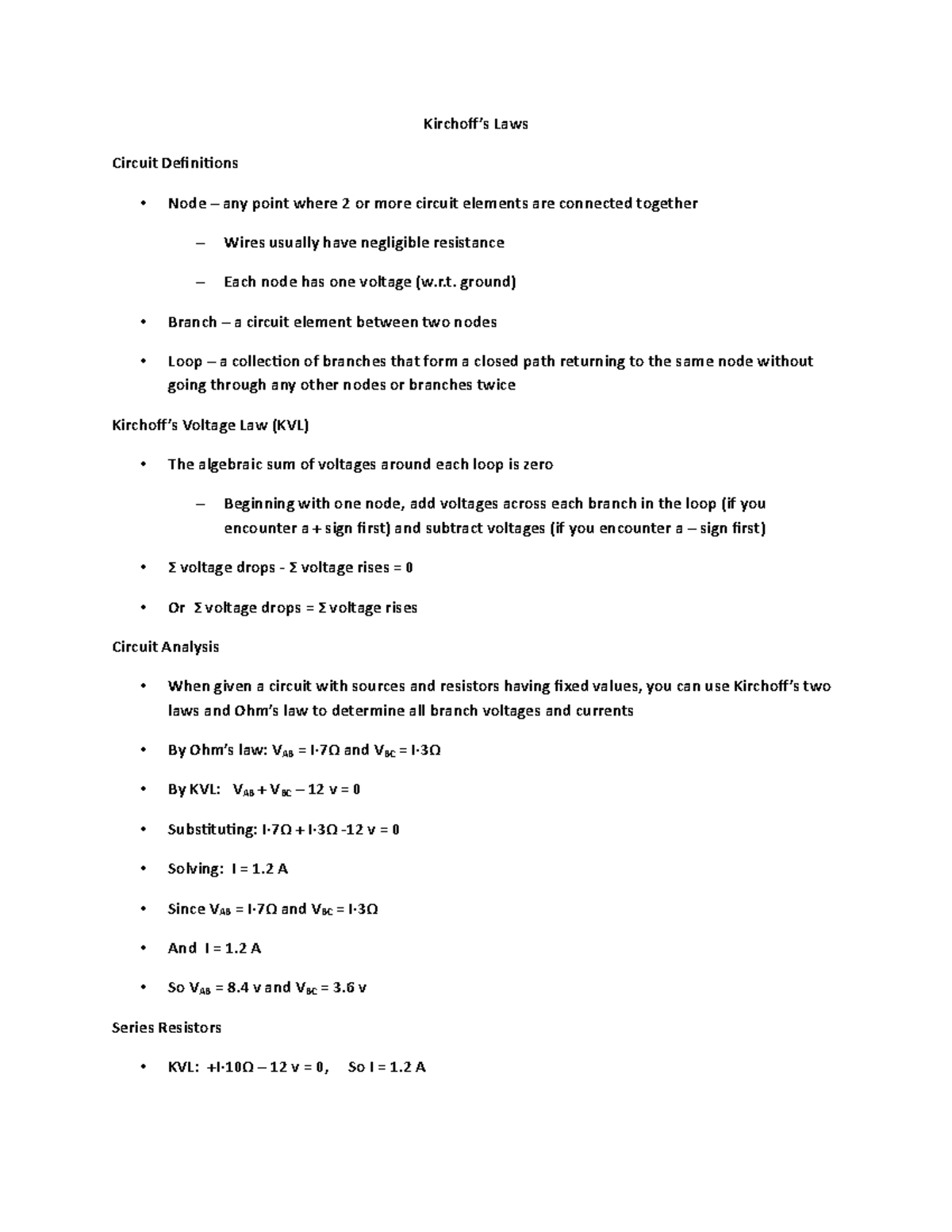 Physics 2 - Lecture notes 1-2 - Kirchoff’s Laws Circuit Definitions ...