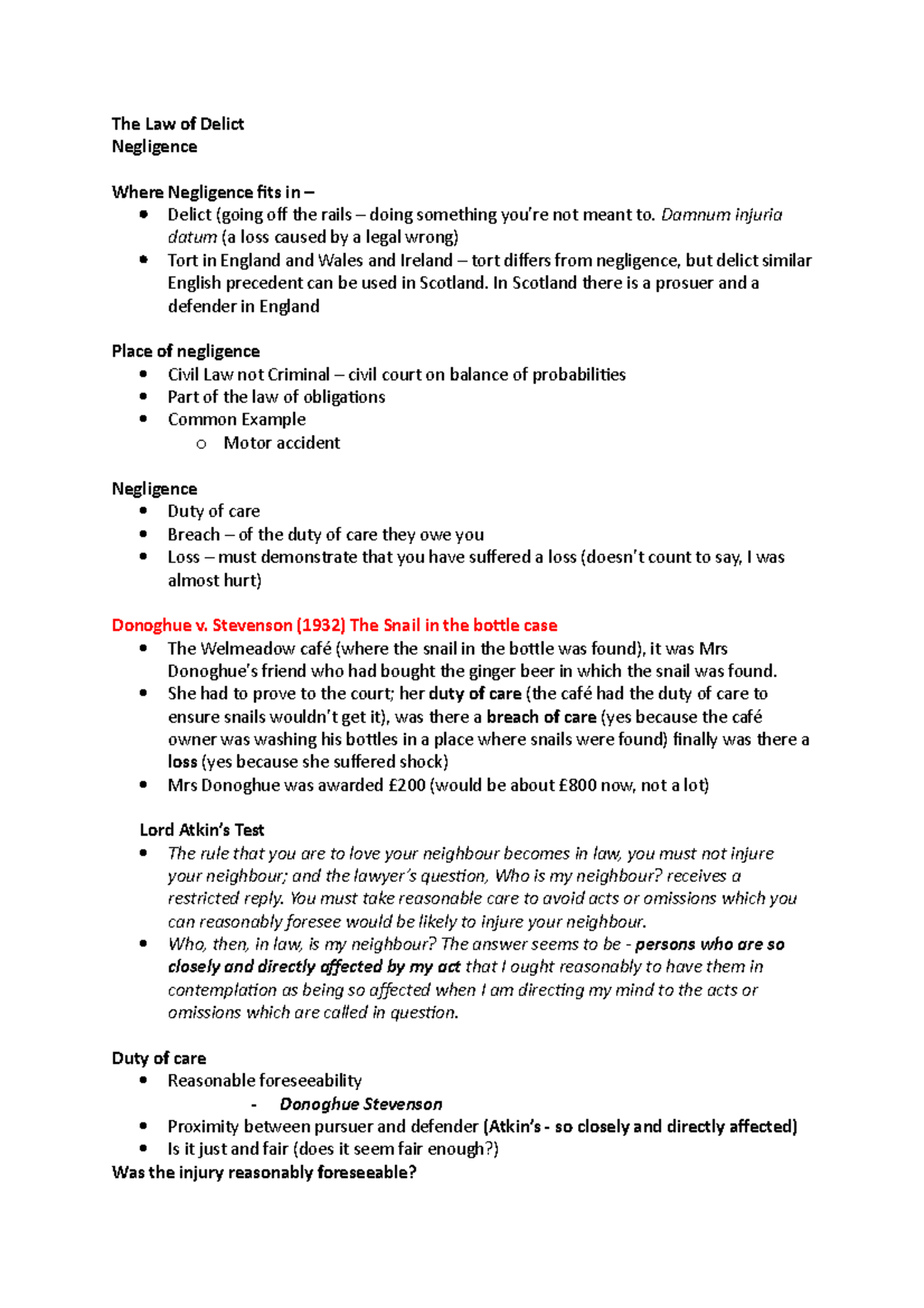 Lecture 28,29,30 - Covers The Law of Delict With examples Negligence ...