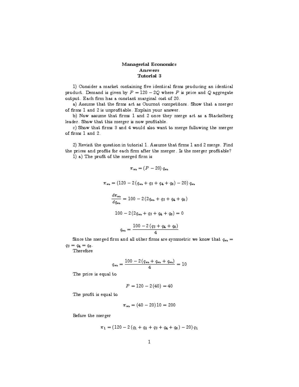 6SSMN318 Tutorial 3 answers 23/24 - Managerial Economics Answers ...