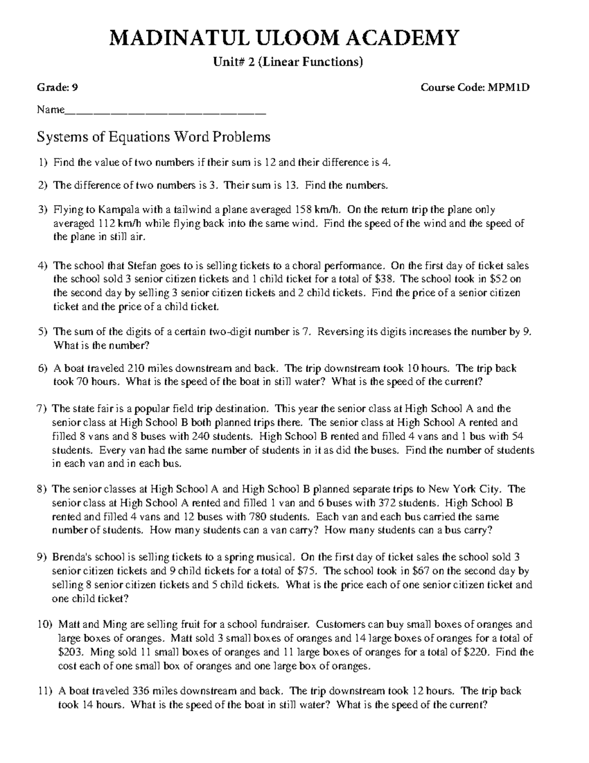 Systems of Equations Word Problems - Grade: 9 Name ...