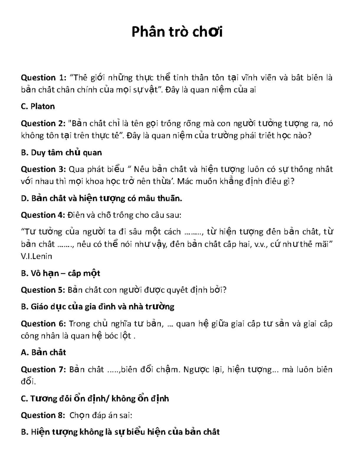 Phần trò chơi - Câu hỏi triết - Cặp phạm trù bản chất, hiện tượng ...