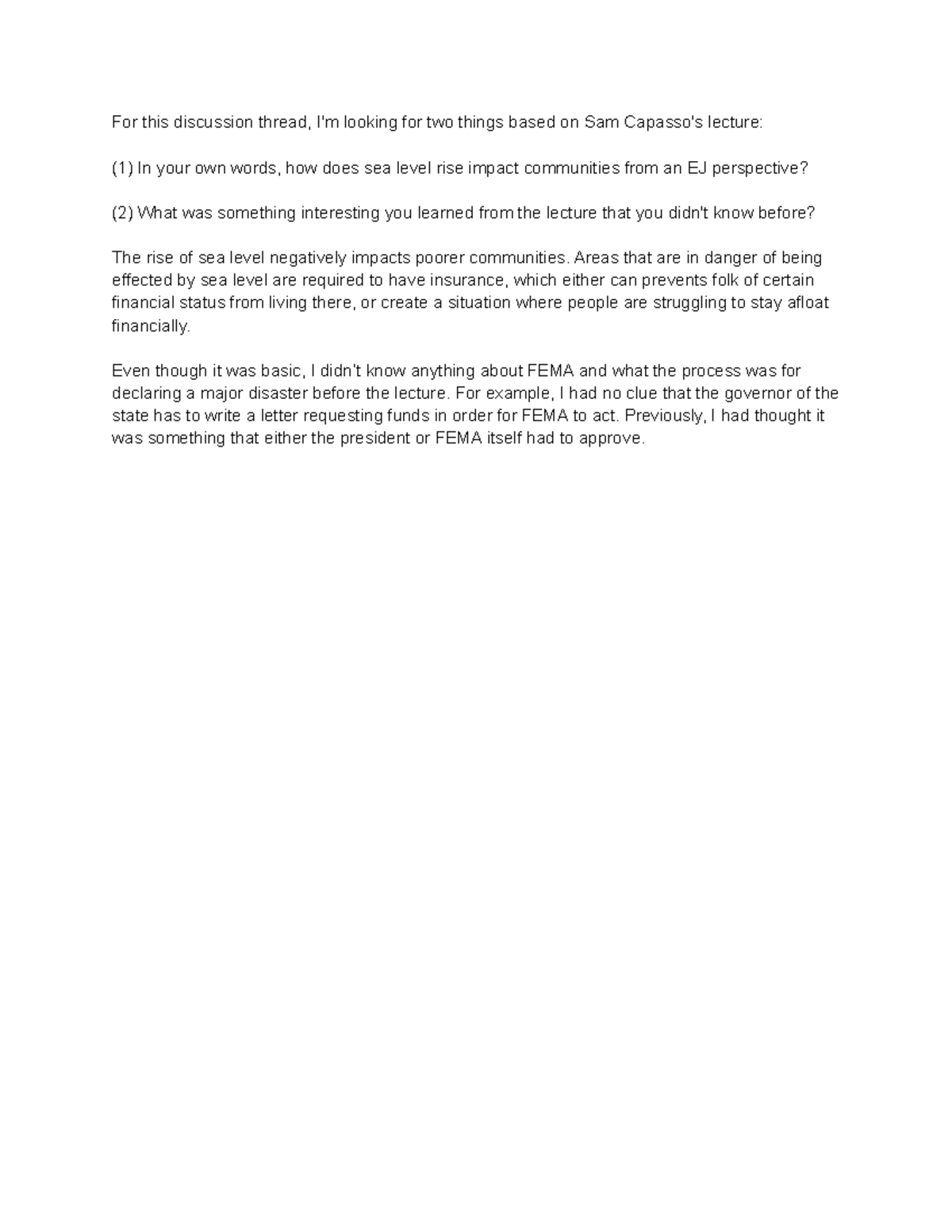 Recap FEMA lecture - For this discussion thread, I'm looking for two ...