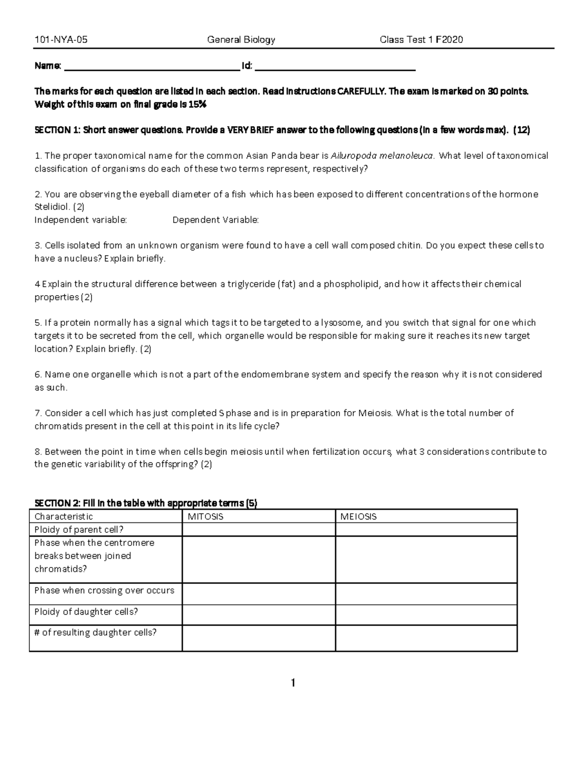 Test 1 2020, questions and answers - 101 -NYA- 05 General Biology Class ...