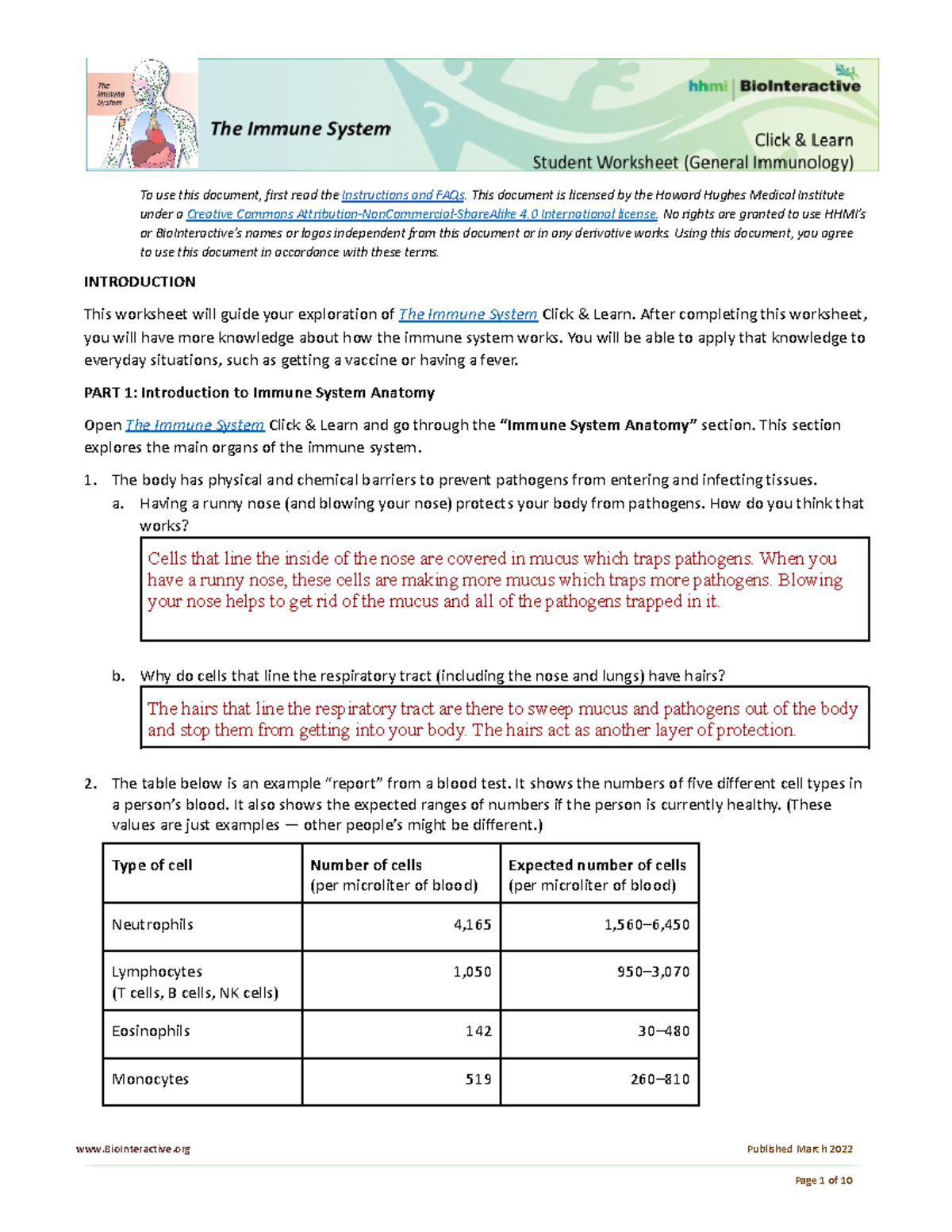 Student Worksheet - General Immunology (Biointeractive) w/ Dr. May - To ...
