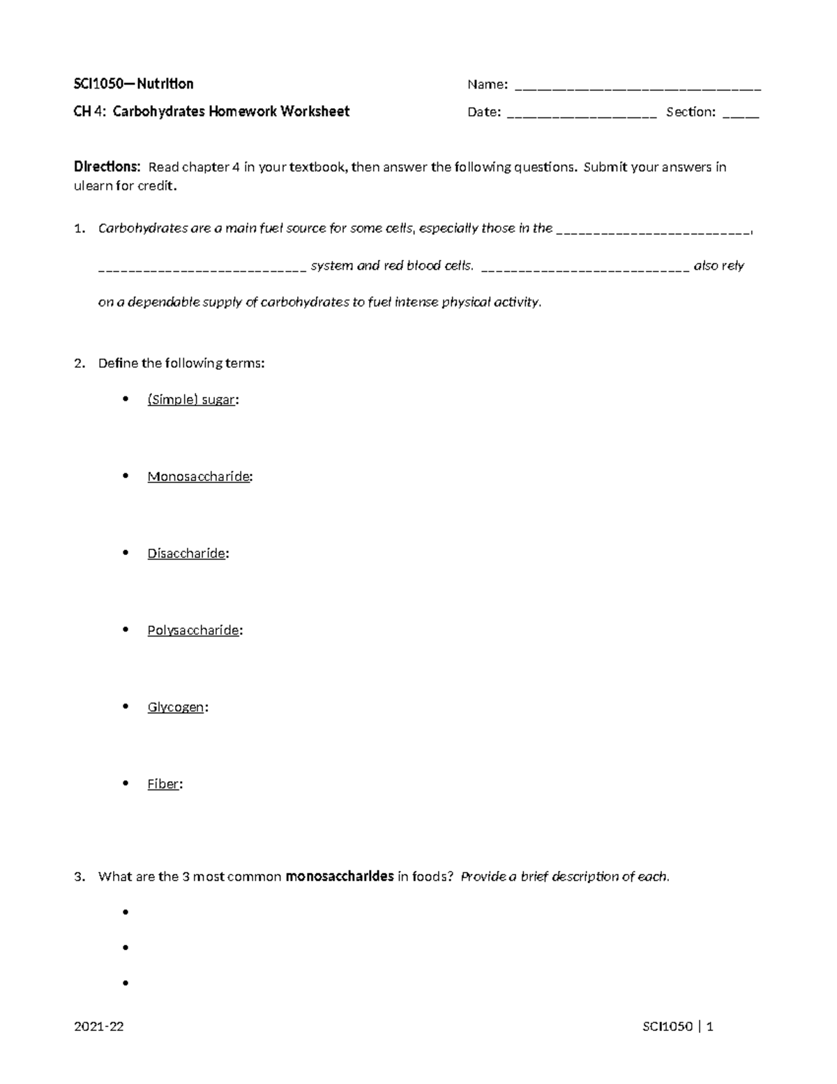 SCI1050 Carbohydrates HW Worksheet 21-22 - SCI1050—Nutrition Name