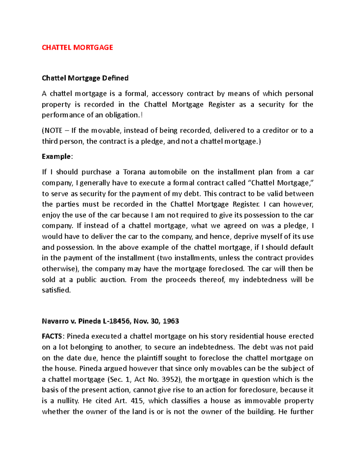Chattel Mortgage - ! (NOTE – If the movable, instead of being recorded ...