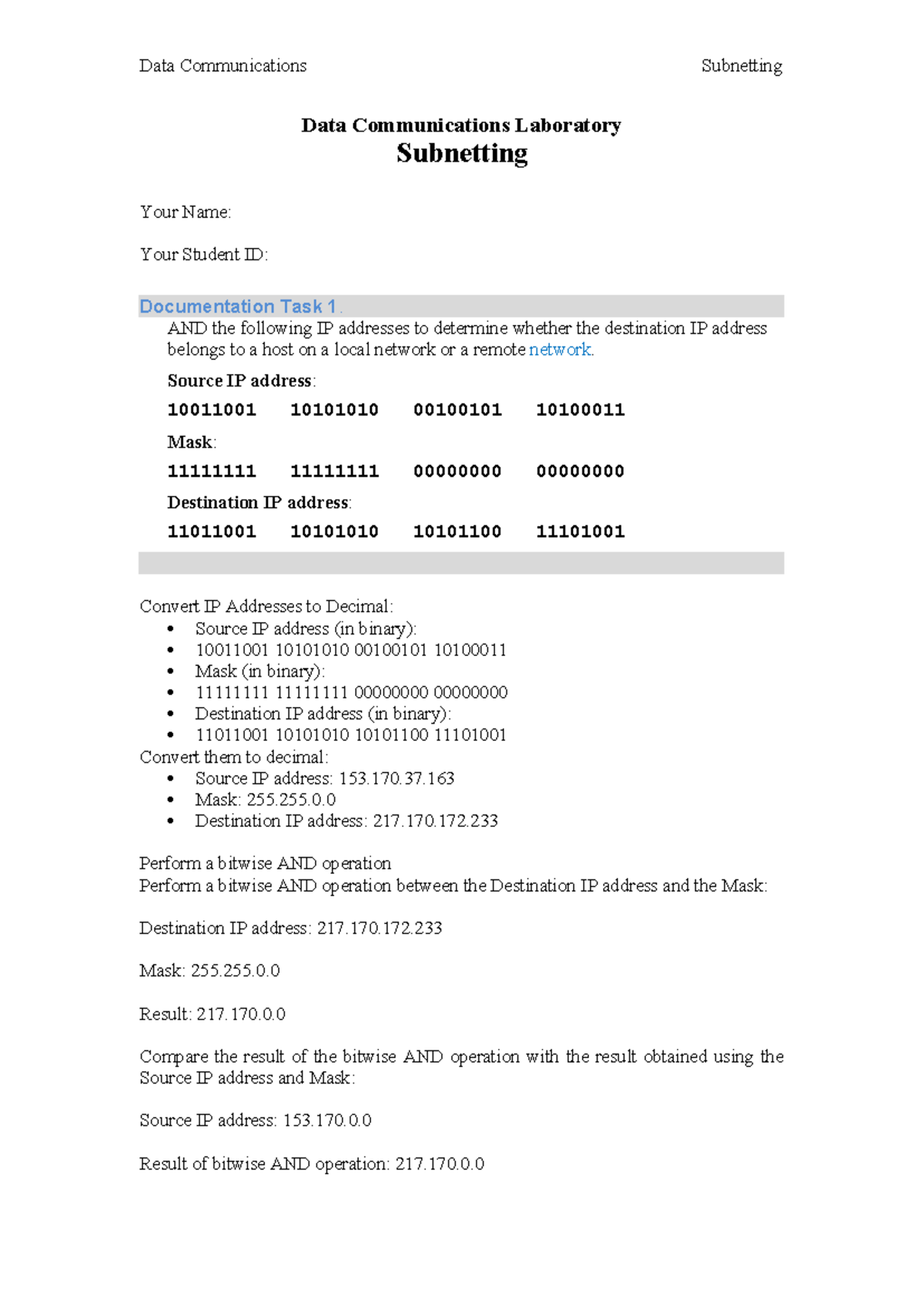 Practical Subnetting Documentation Template Data Communications