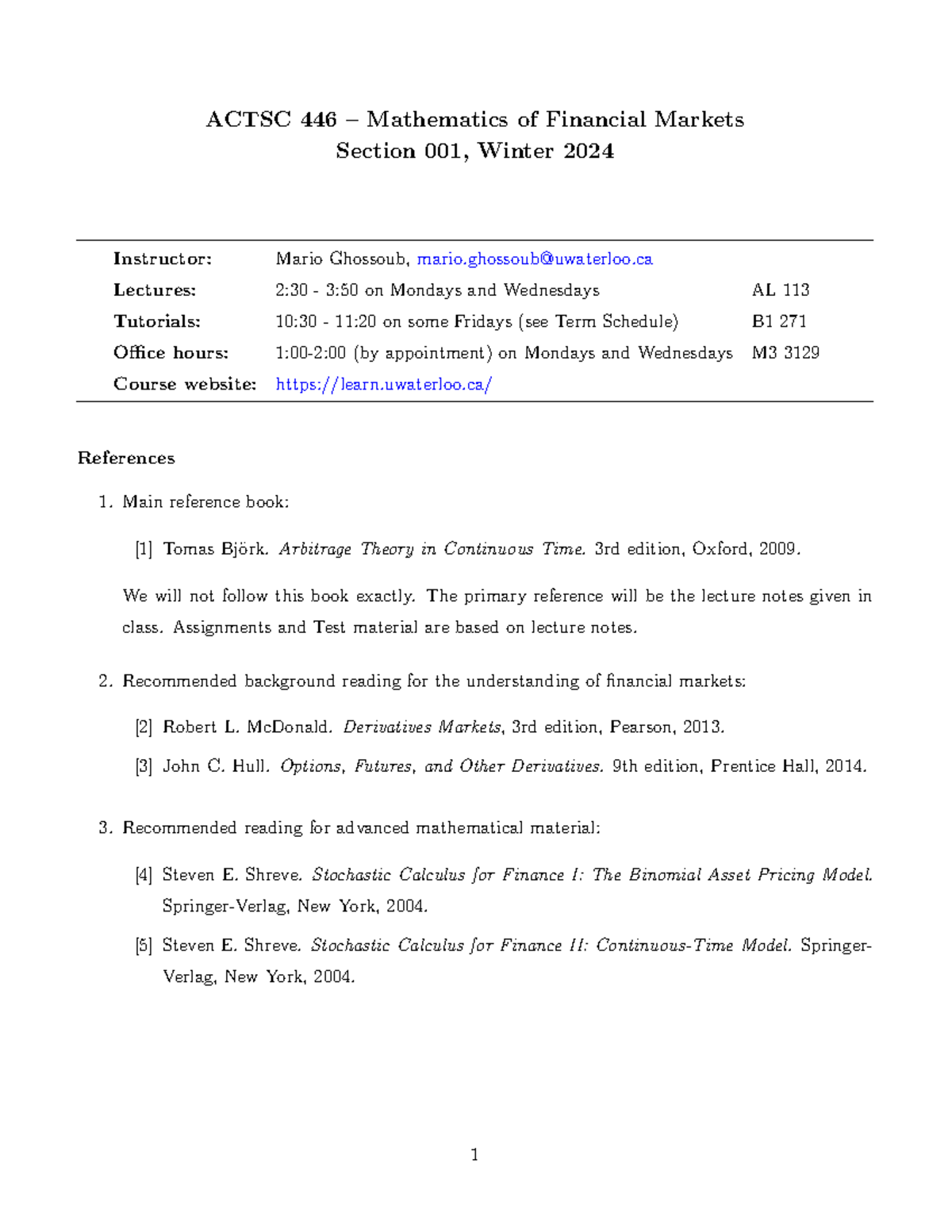 Actsc 446 Syllabus - Summary Mathematical Models in Finance - ACTSC 446 ...