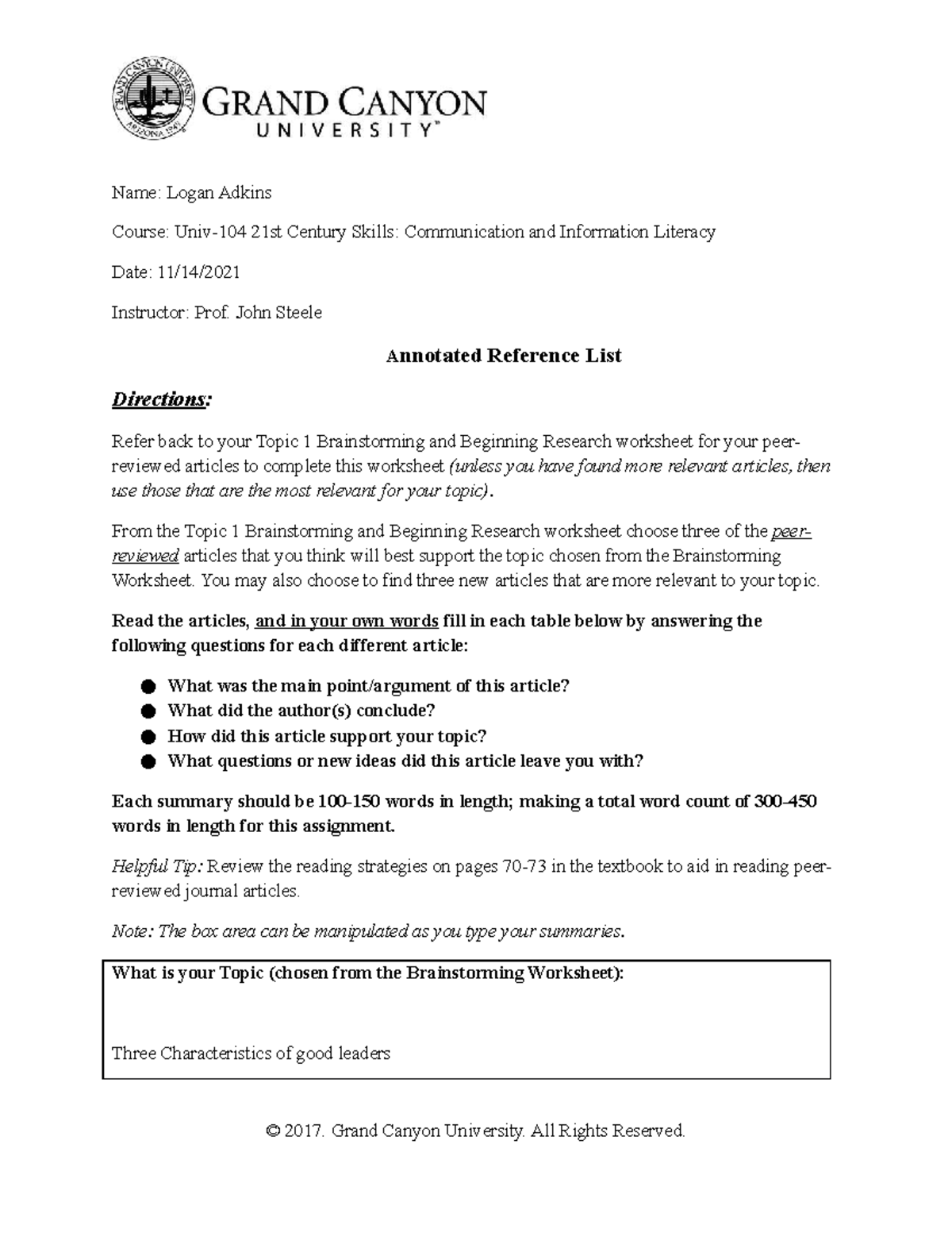 Topic 2 Annotated Reference Guide Worksheet Univ 104 GCU - Name: Logan ...