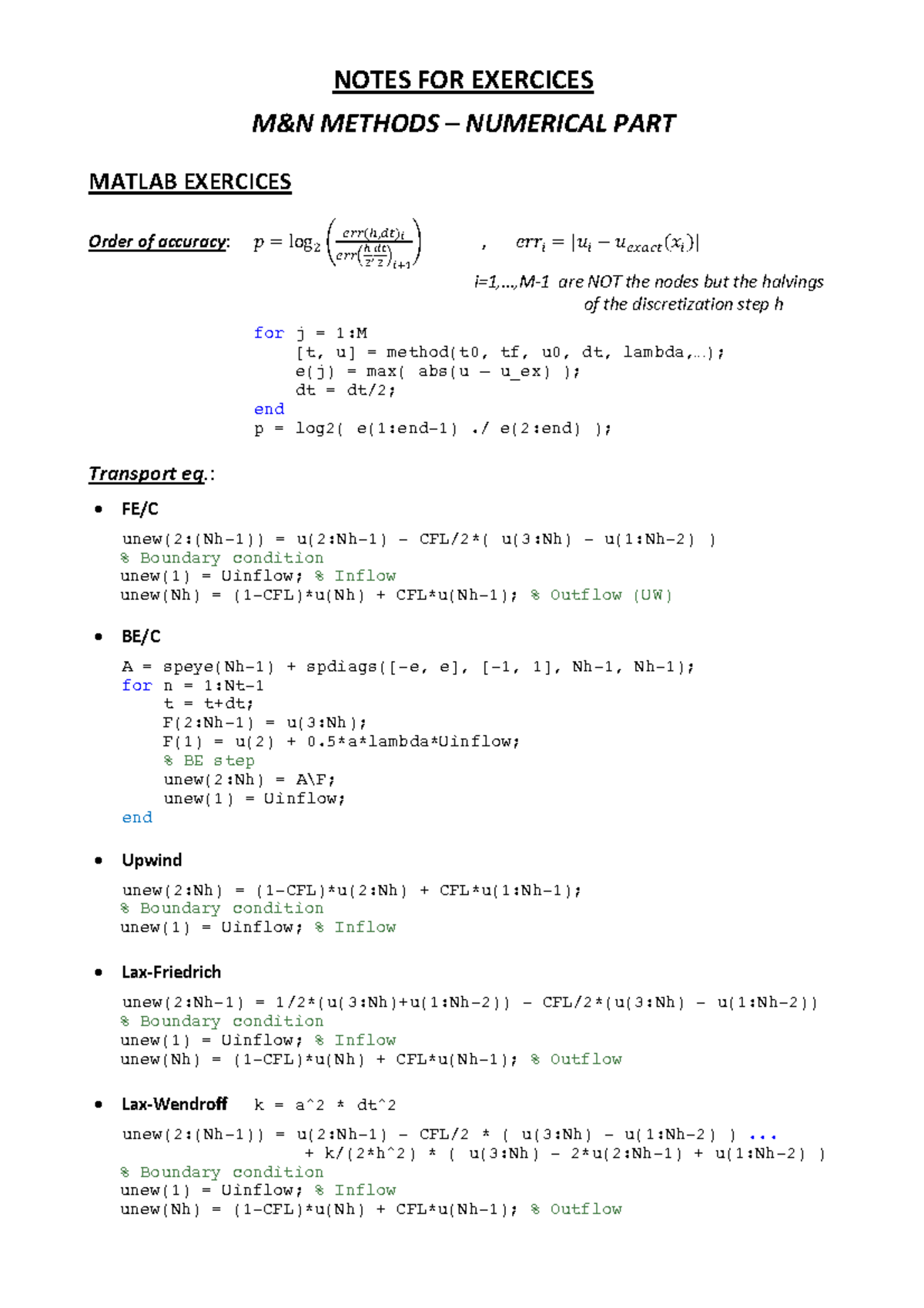 Notes for exercices - numerical part - NOTES FOR EXERCICES M&N METHODS ...