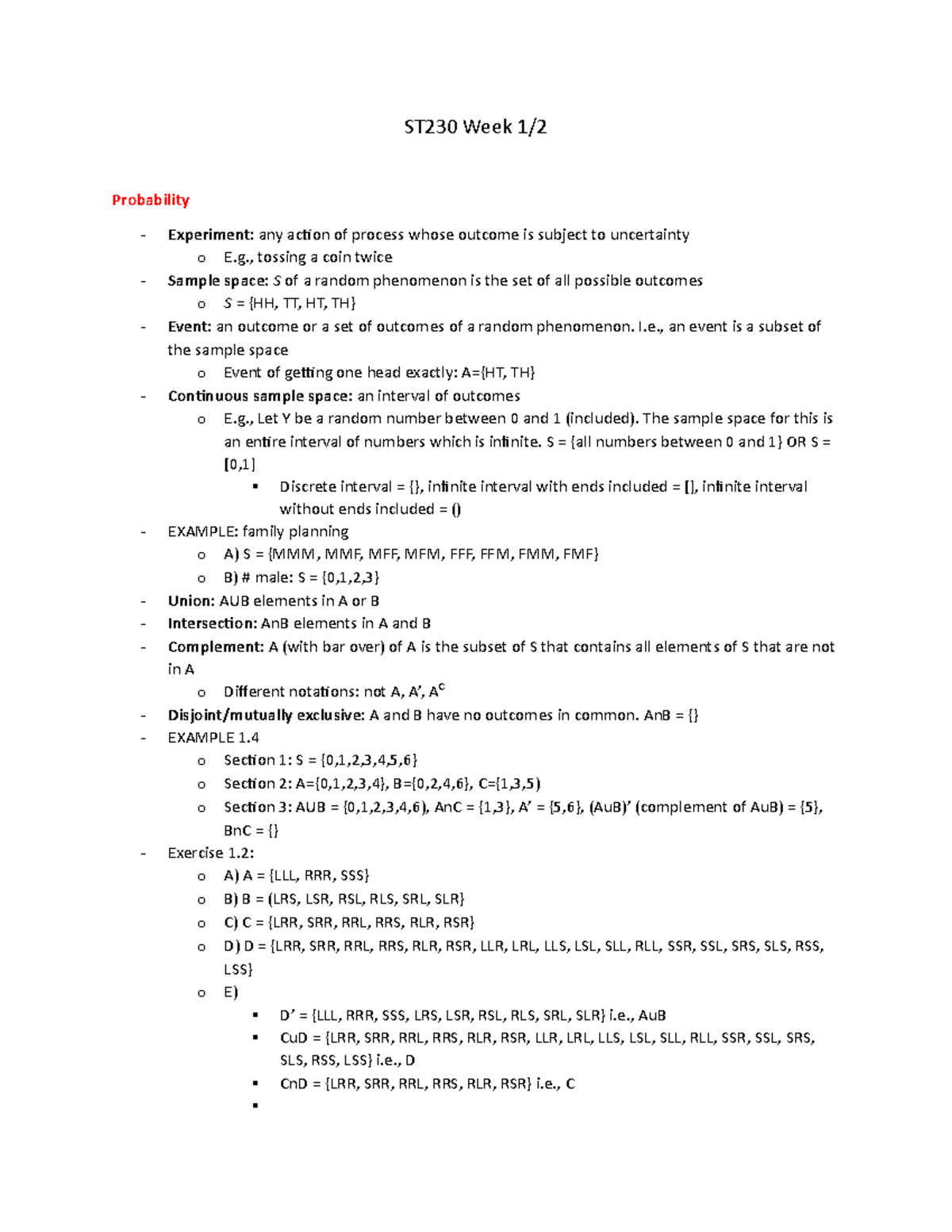 ST230 Week 1 - , tossing a coin twice Sample space: S of a random phenomenon is the set of all ...