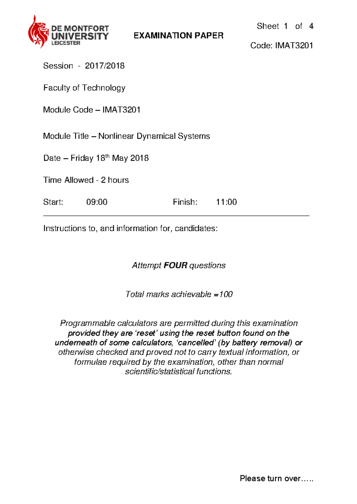 IMAT3201 2018 Exam - Sheet 1 of 4 EXAMINATION PAPER Code: IMAT Please ...