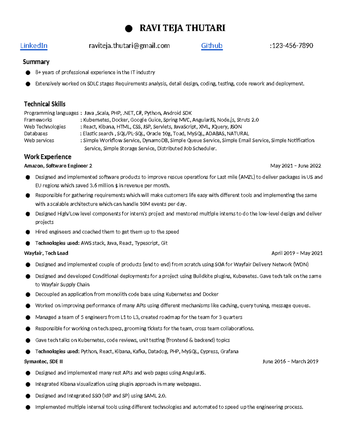 Ravi Teja Thutari Resume - RAVI TEJA THUTARI LinkedIn 📧raviteja@gmail Github 📱:123-456- Summary ...